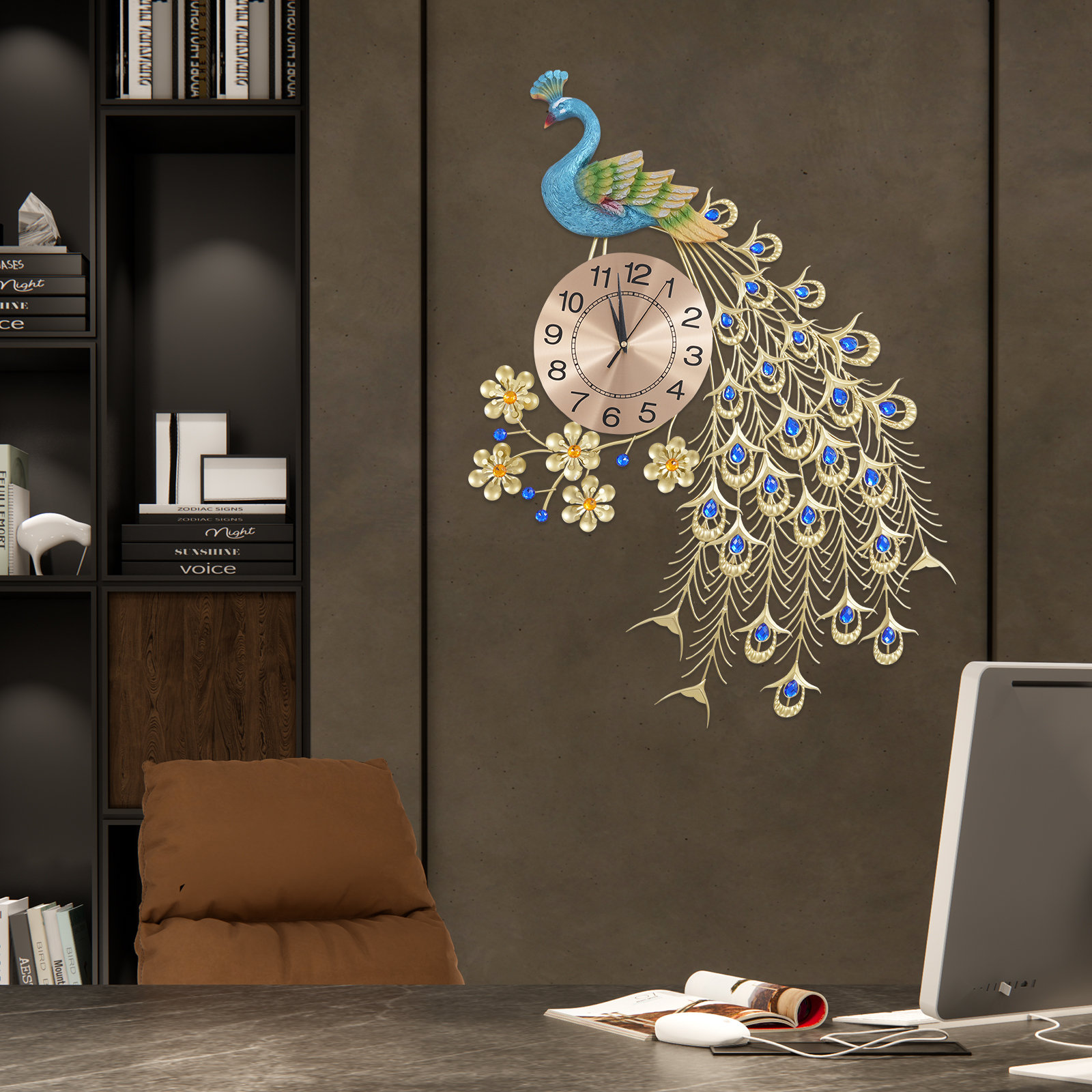 House of Hampton® Large Peacock-Shaped Wall Clock Modern Wall Clock For ...