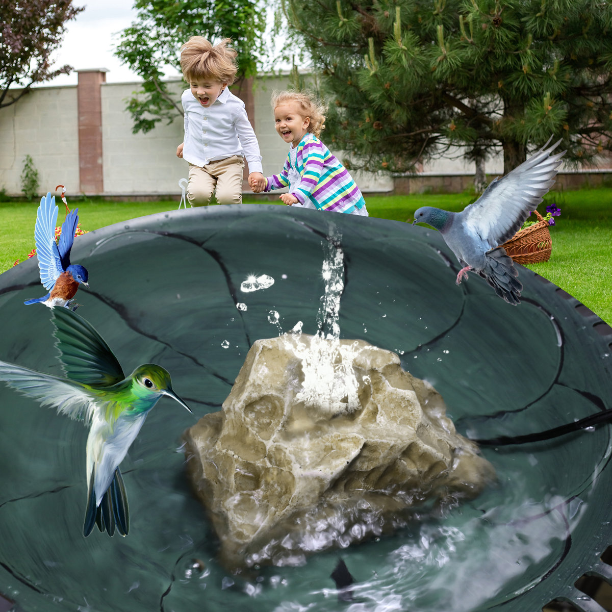 Arlmont & Co. Bird Bath Water Fountain, Granite Air Pump Rock With Pump ...