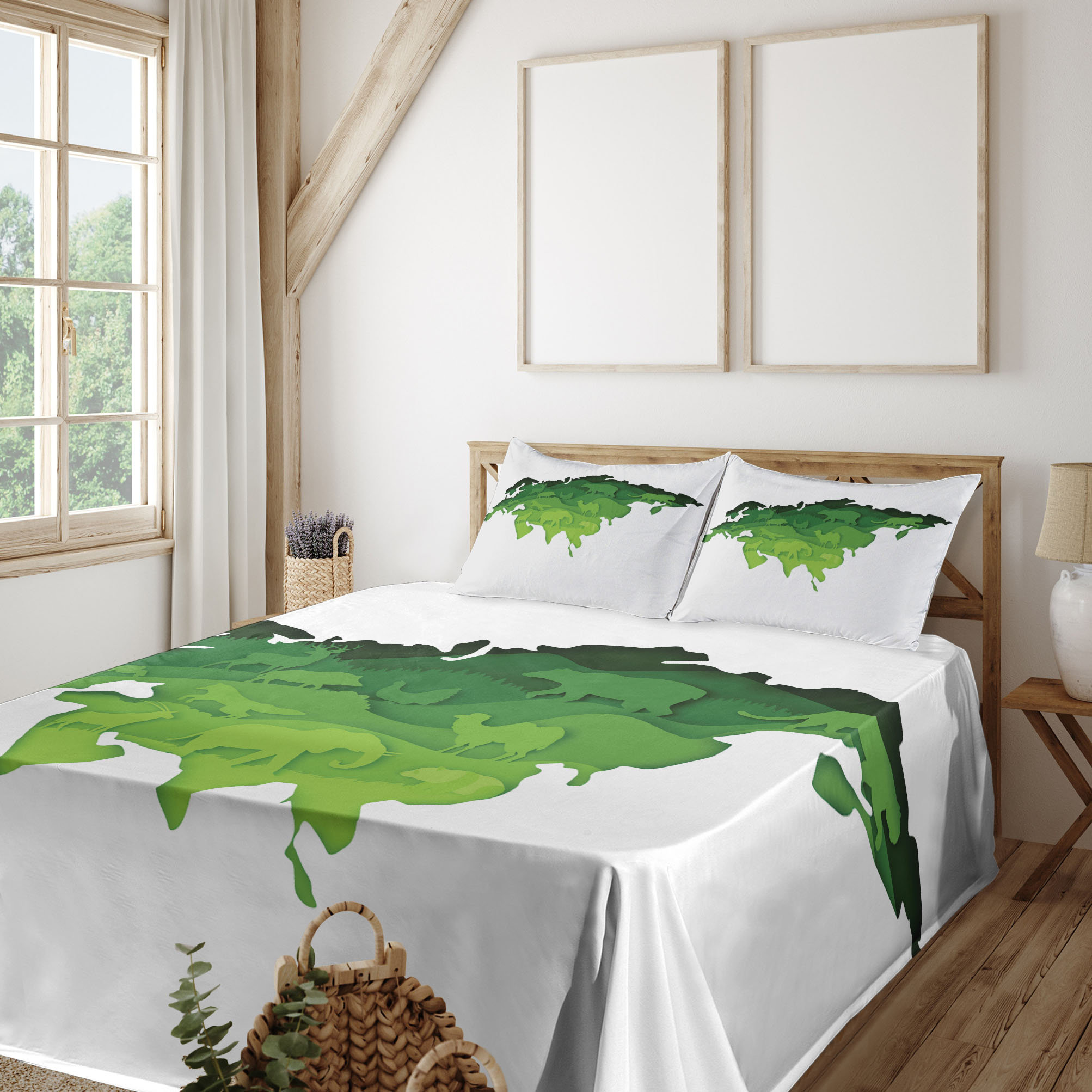 Ambesonne Wolf Sheet Set Modern Mainland Eurasia Map Fern Green Emerald ...