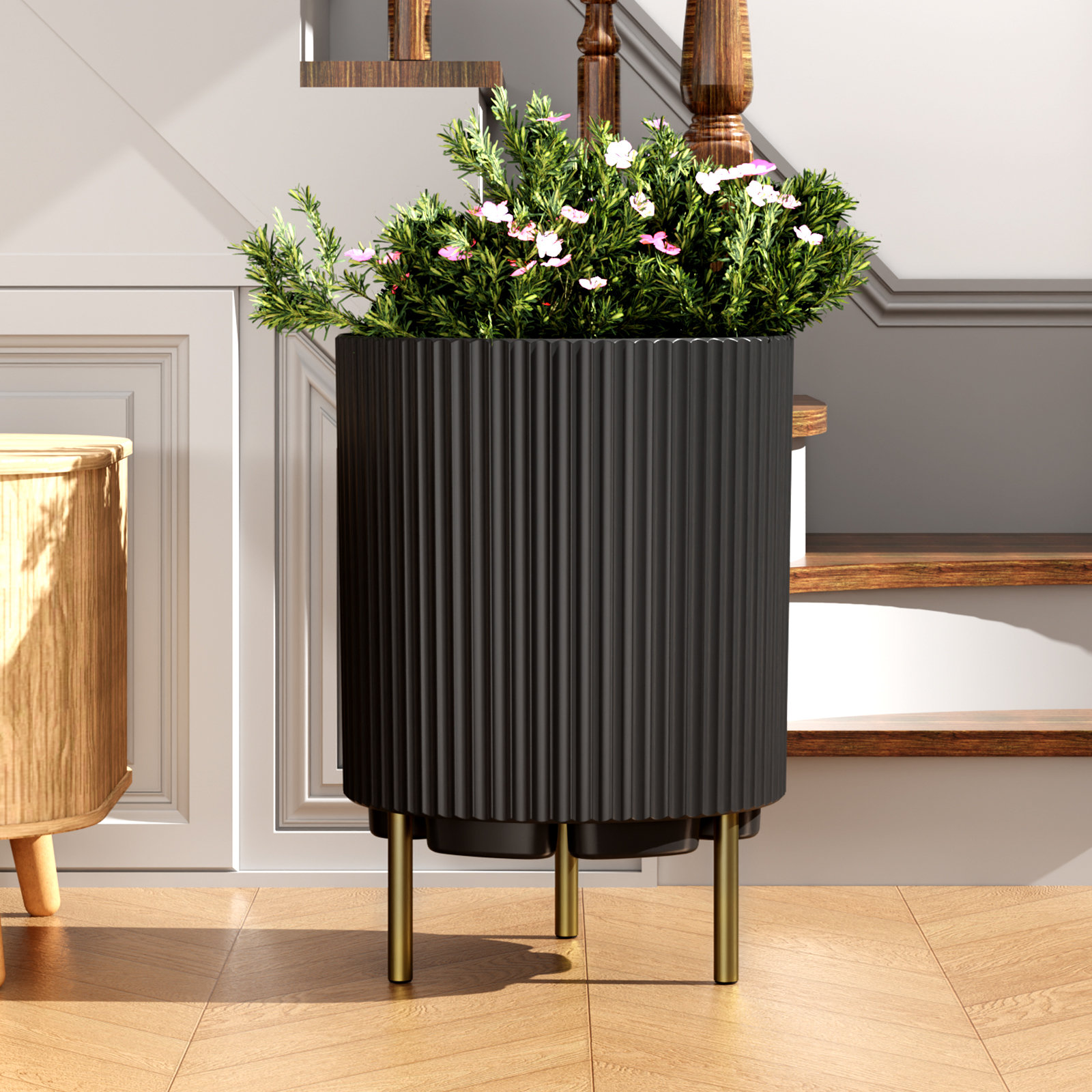 Mercer41 Round Planter With Stand, 14.76 Inch Plastic Flower Pot Modern ...