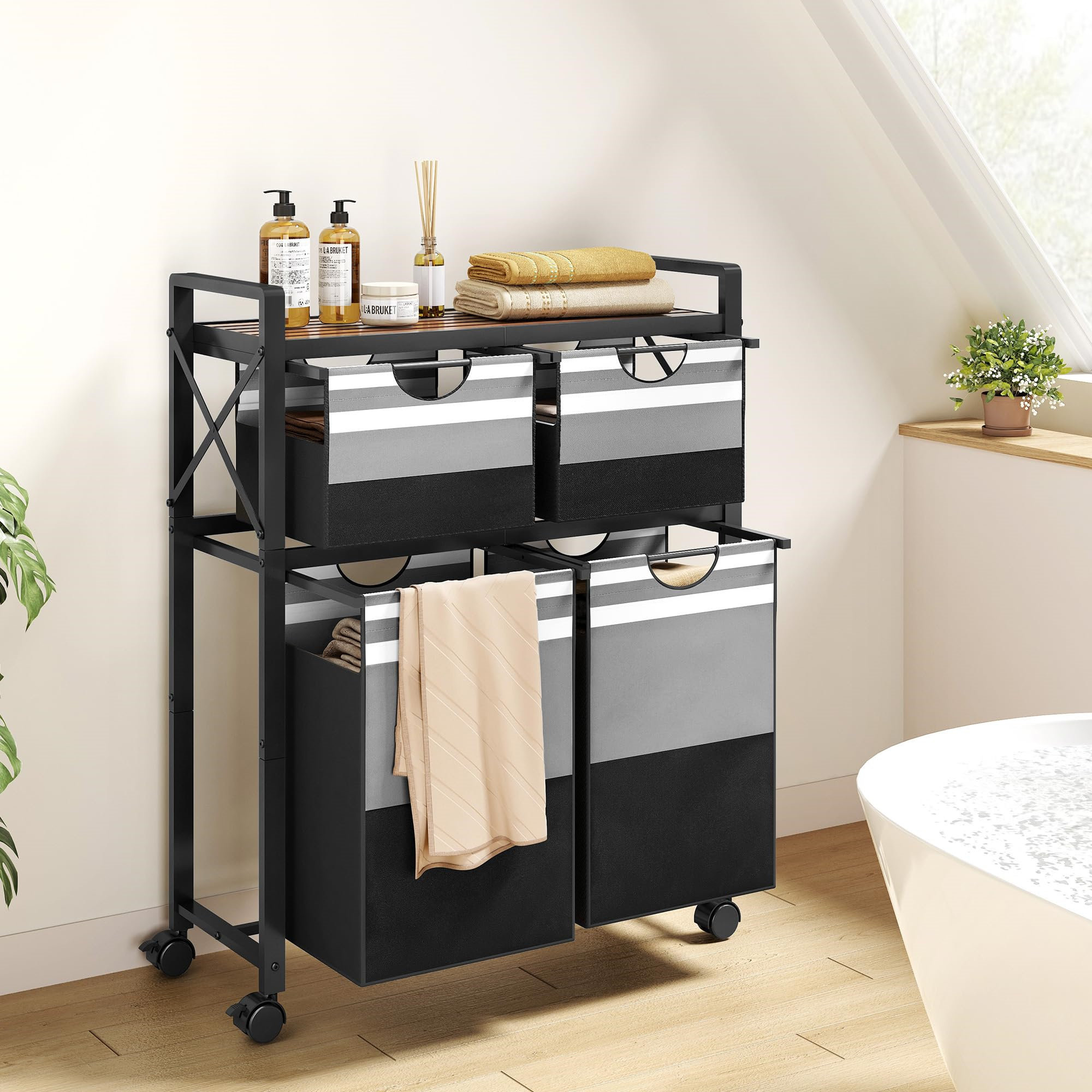 URKNO 2-Tier Laundry Basket With Shelves, 4 Removable And Pull-Out ...