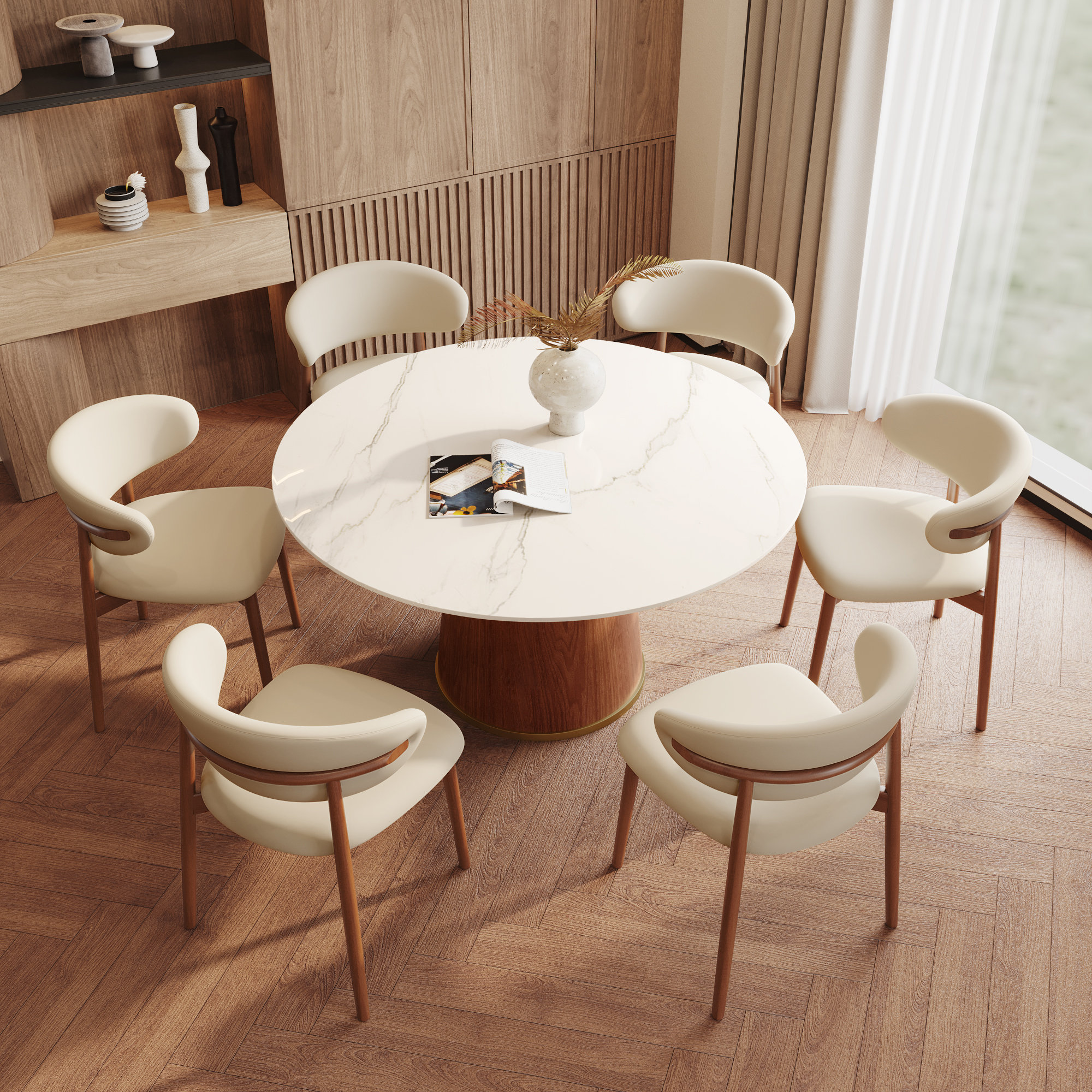 xwdhouse 7- Piece Modern Round Dining Set With Sintered Stone Tabletop ...