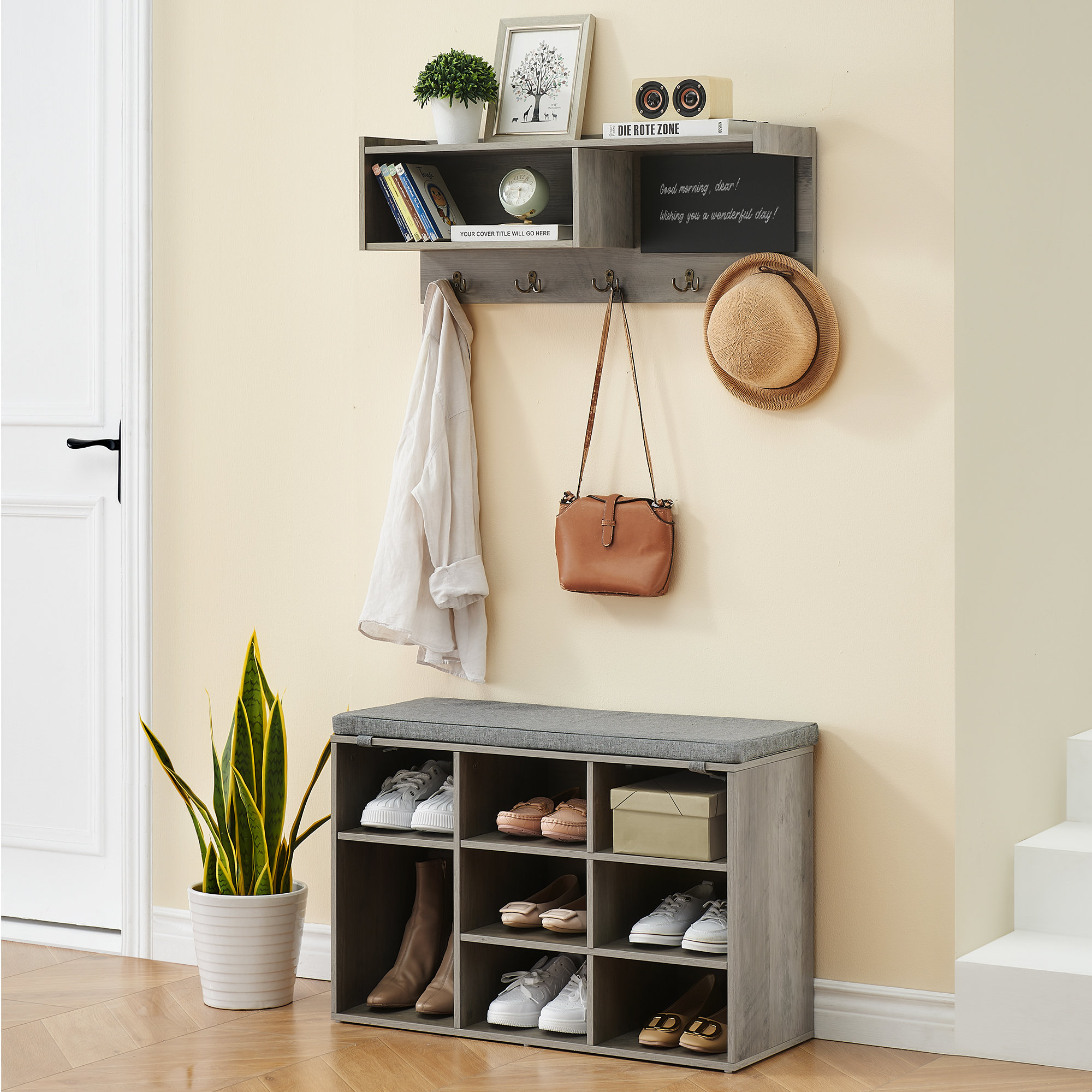 Latitude Run® Hall Tree Shoe Bench Industrial 6 In 1 Coat Shoe Rack