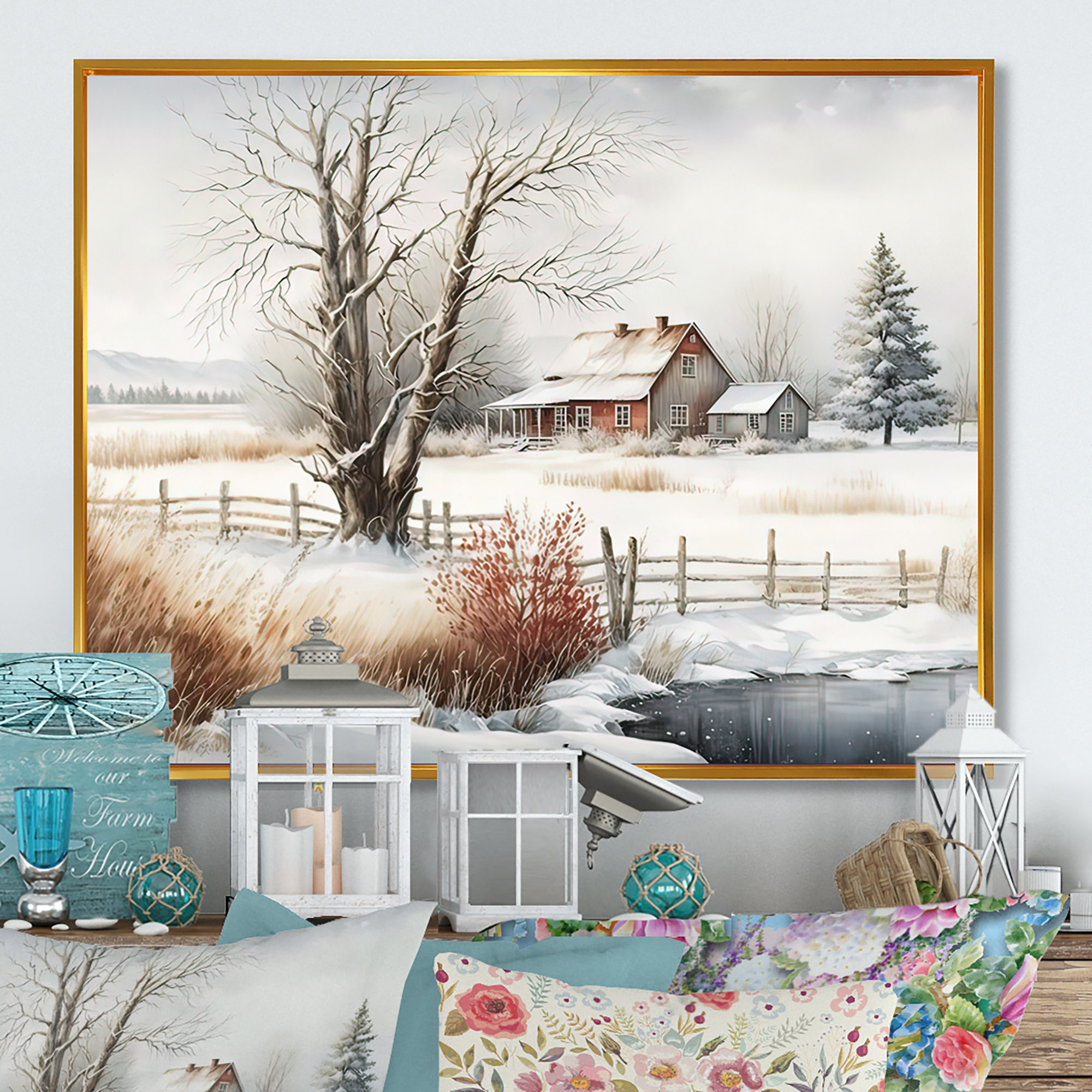 Design Art Iowa Farm in Winter - Floater Frame Print on Canvas | Wayfair