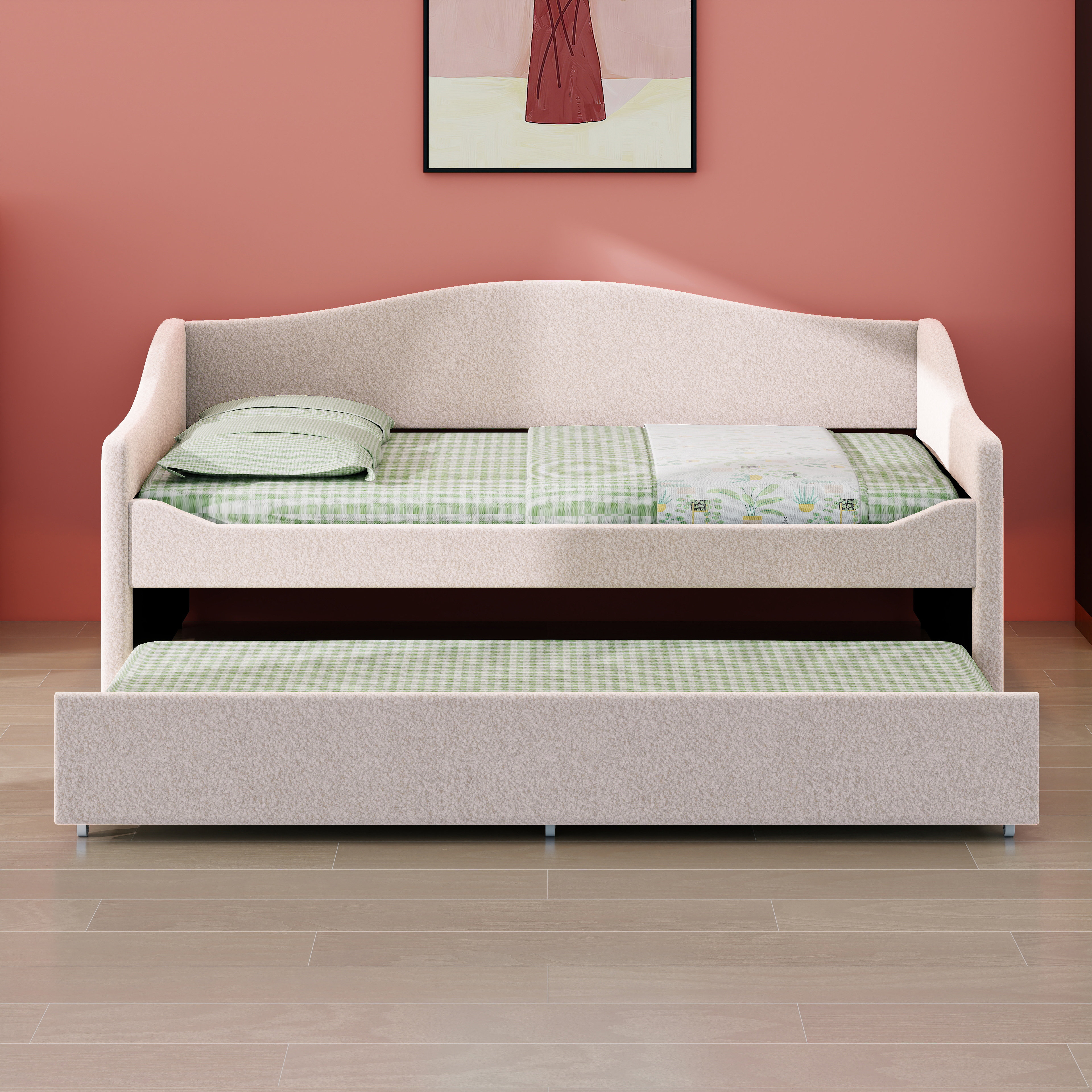 Ivy Bronx Teddy Upholstered Daybed With Trundle,Solid Wood Slat Support ...