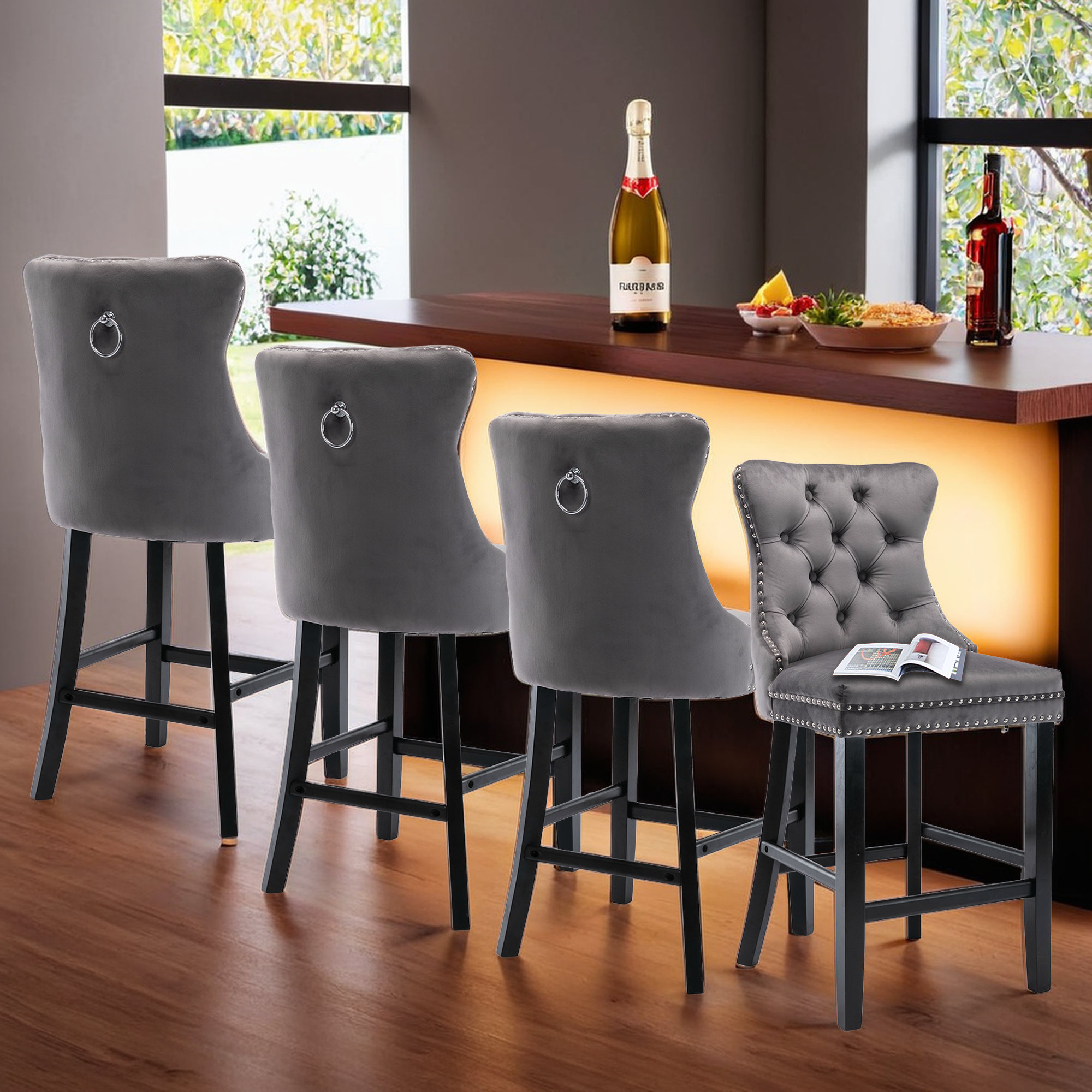 Rosdorf Park Velvet Upholstered Bar Stool with Button Tufted Back (Set ...
