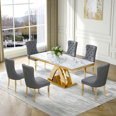 Rosdorf Park 7-Piece Dining Table Set, Marble Veneer Mdf Dining Table ...