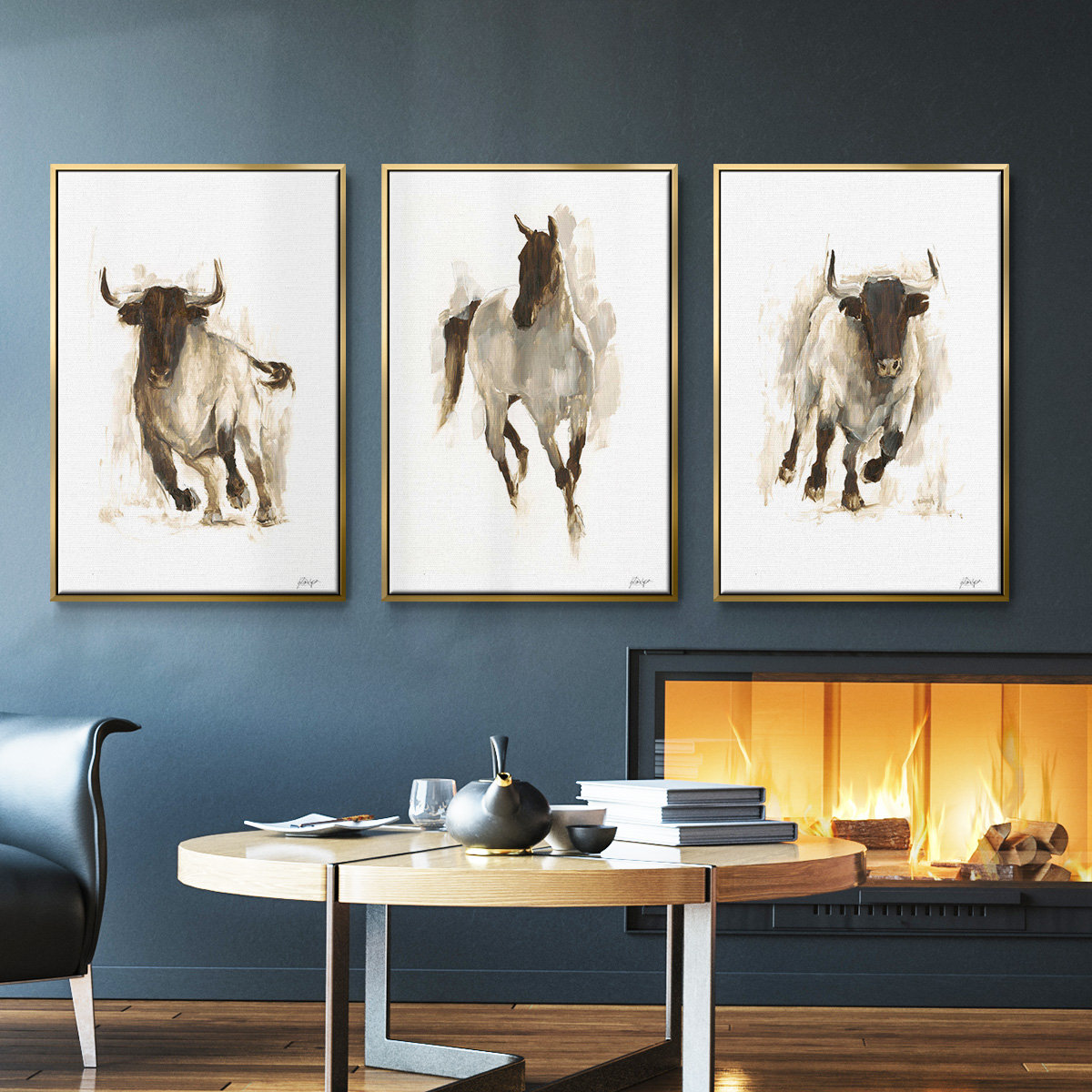 Foundry Select Rustic Bull II Framed On Canvas 3 Pieces Set | Wayfair