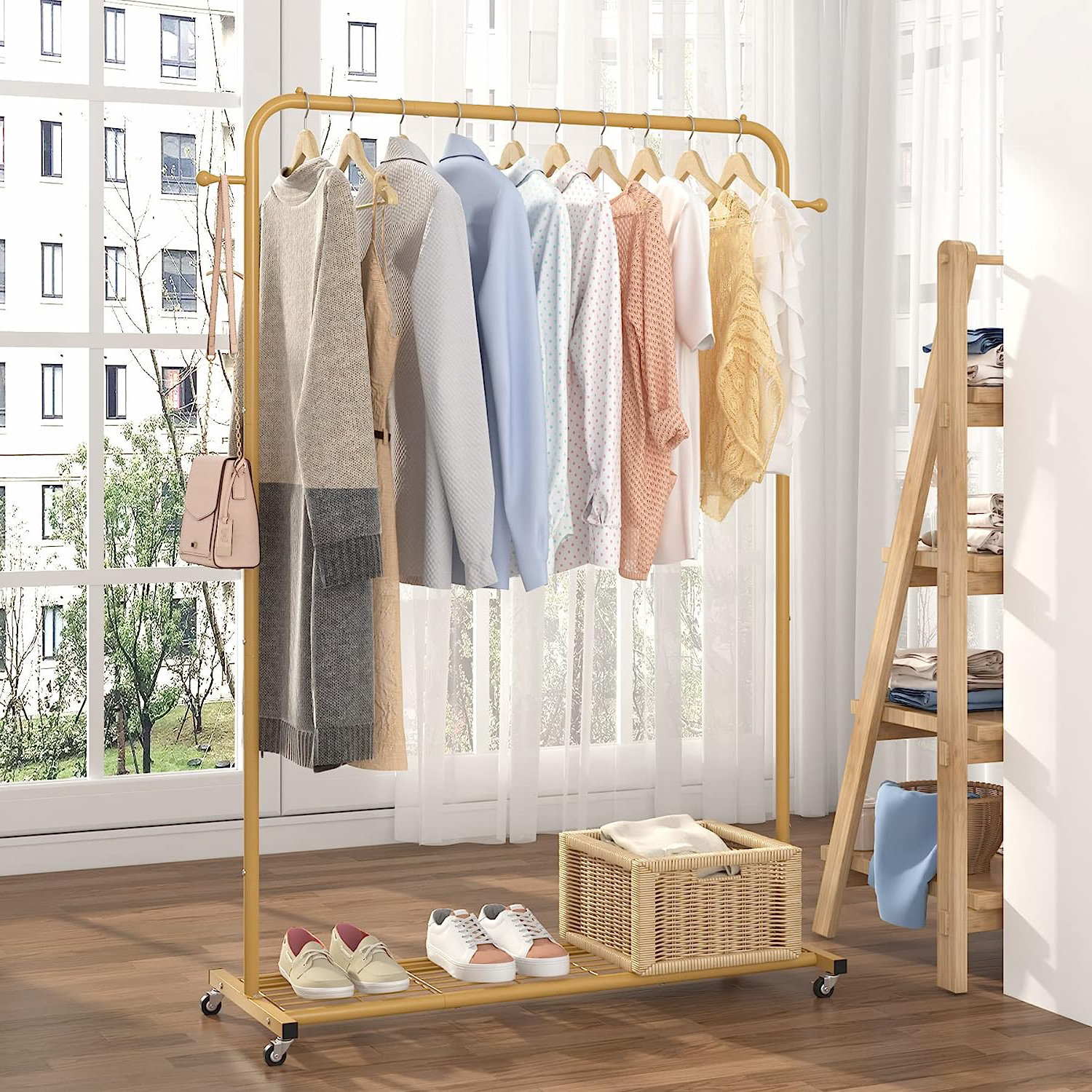 Rebrilliant Clothes Rack on wheels, Clothing Rack with Bottom Mesh ...
