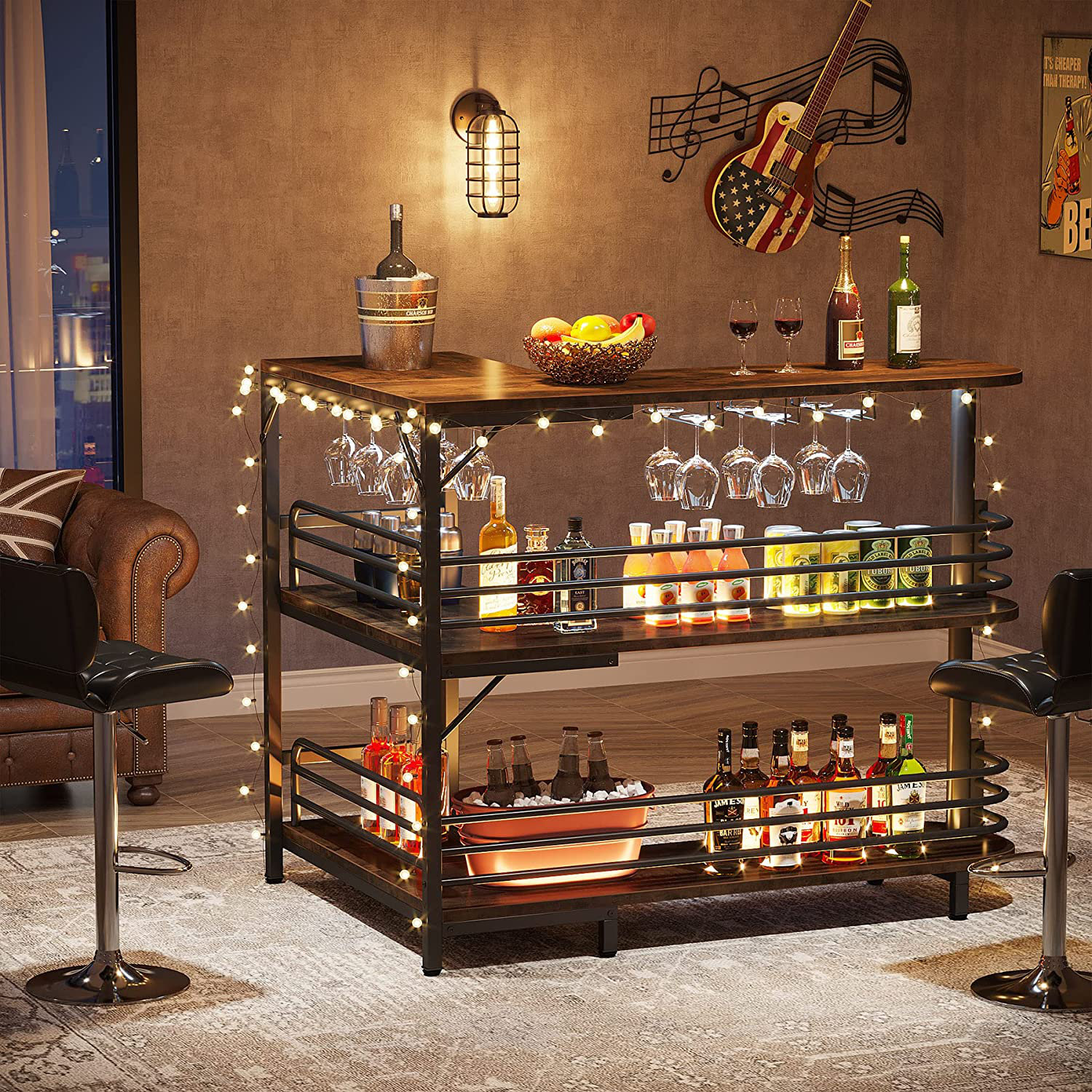 17 Stories Cocheco 3 Tier Industrial Home Bar Unit L-Shaped Liquor Bar ...