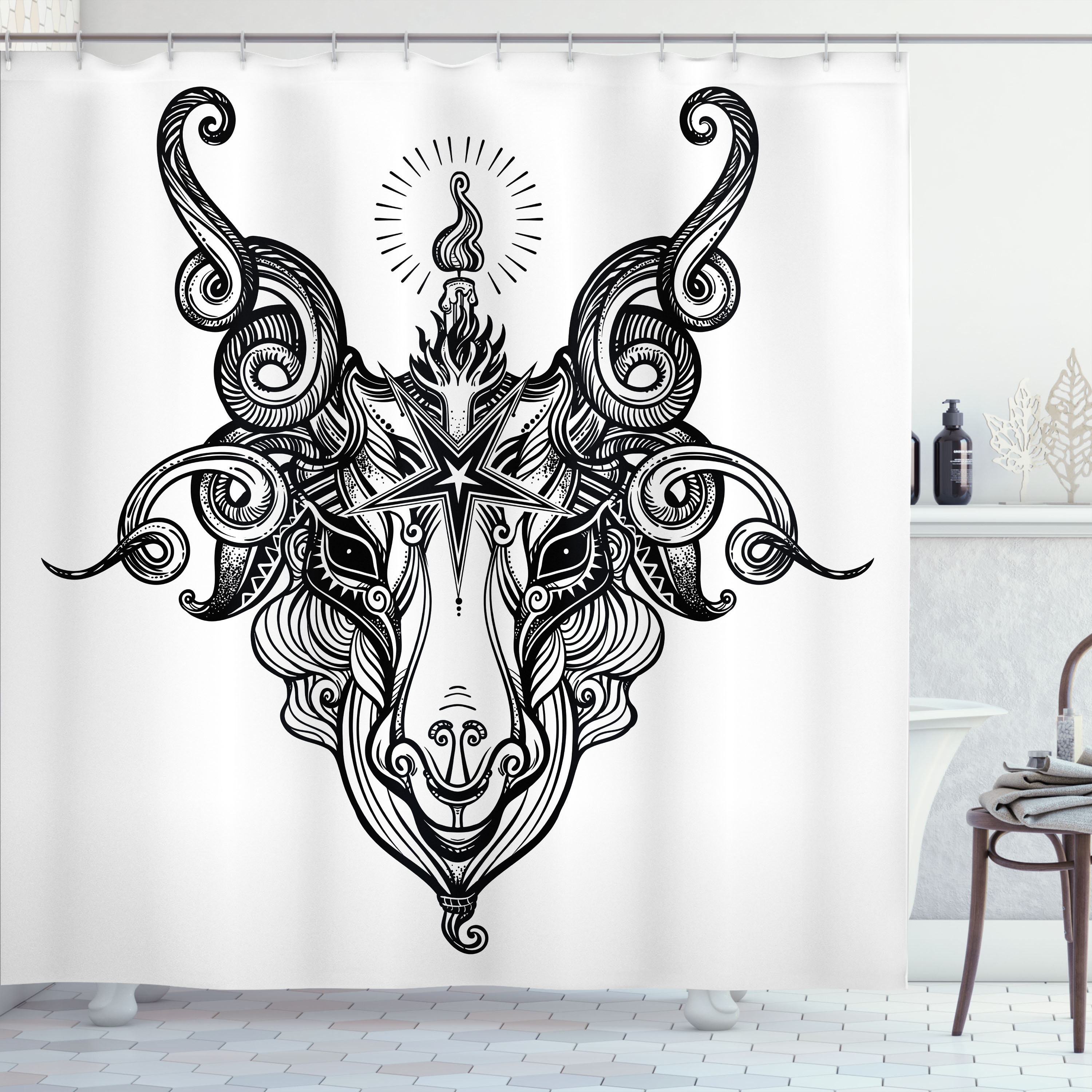 Ivy Bronx Pentacle Shower Curtain Satanic Goat Head Sketch Charcoal ...