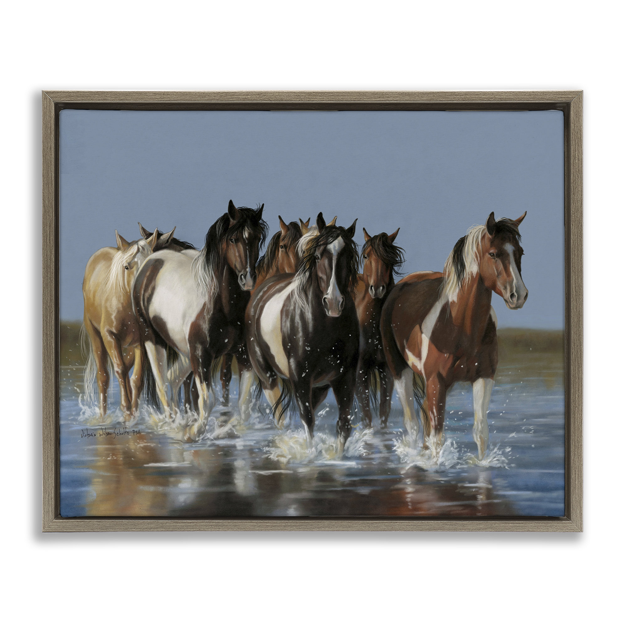 Alcott Hill Horses Running Through River Black Framed Floater Canvas ...