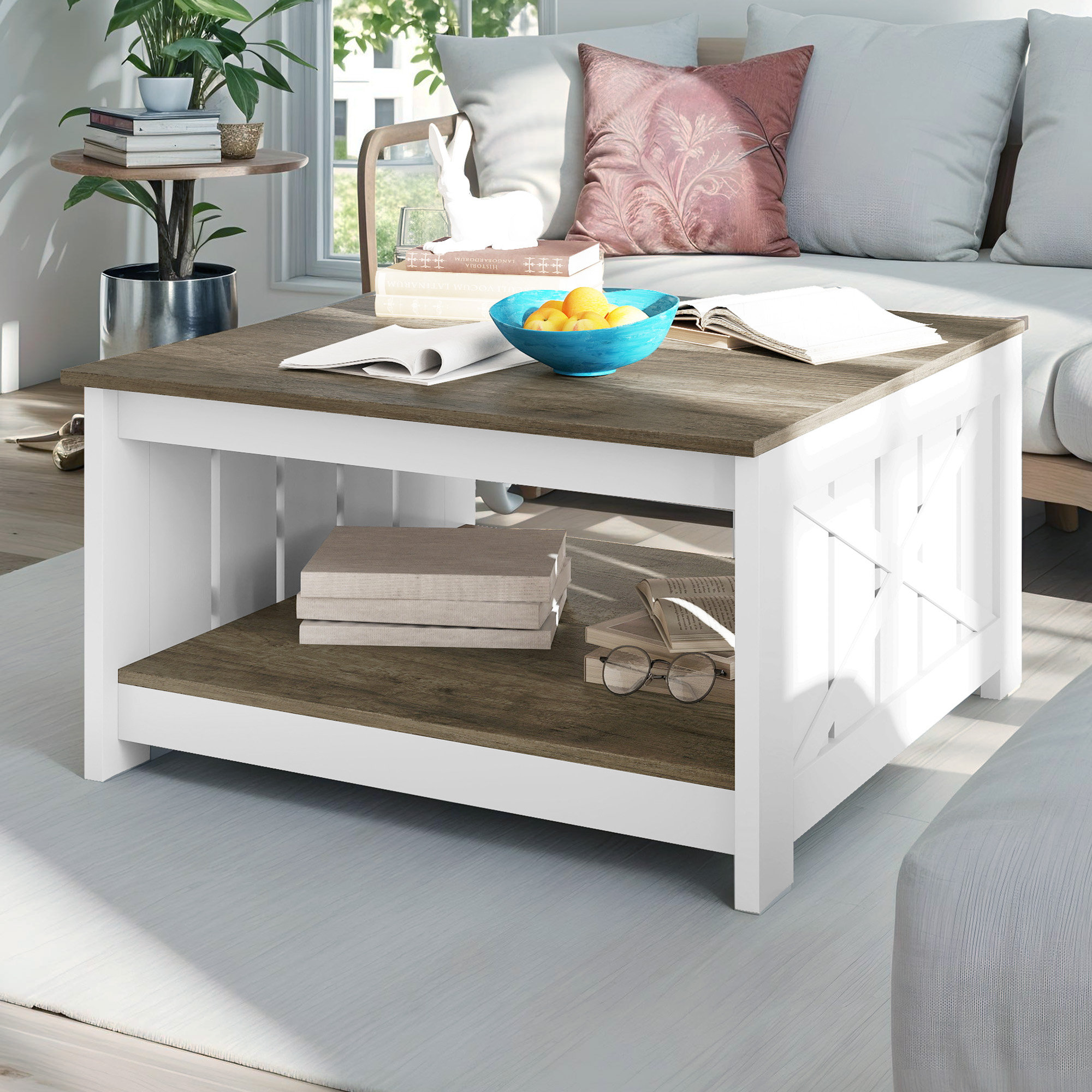 Ophelia & Co. 31.5"W Farmhouse Square Coffee Table with Bottom Shelf ...