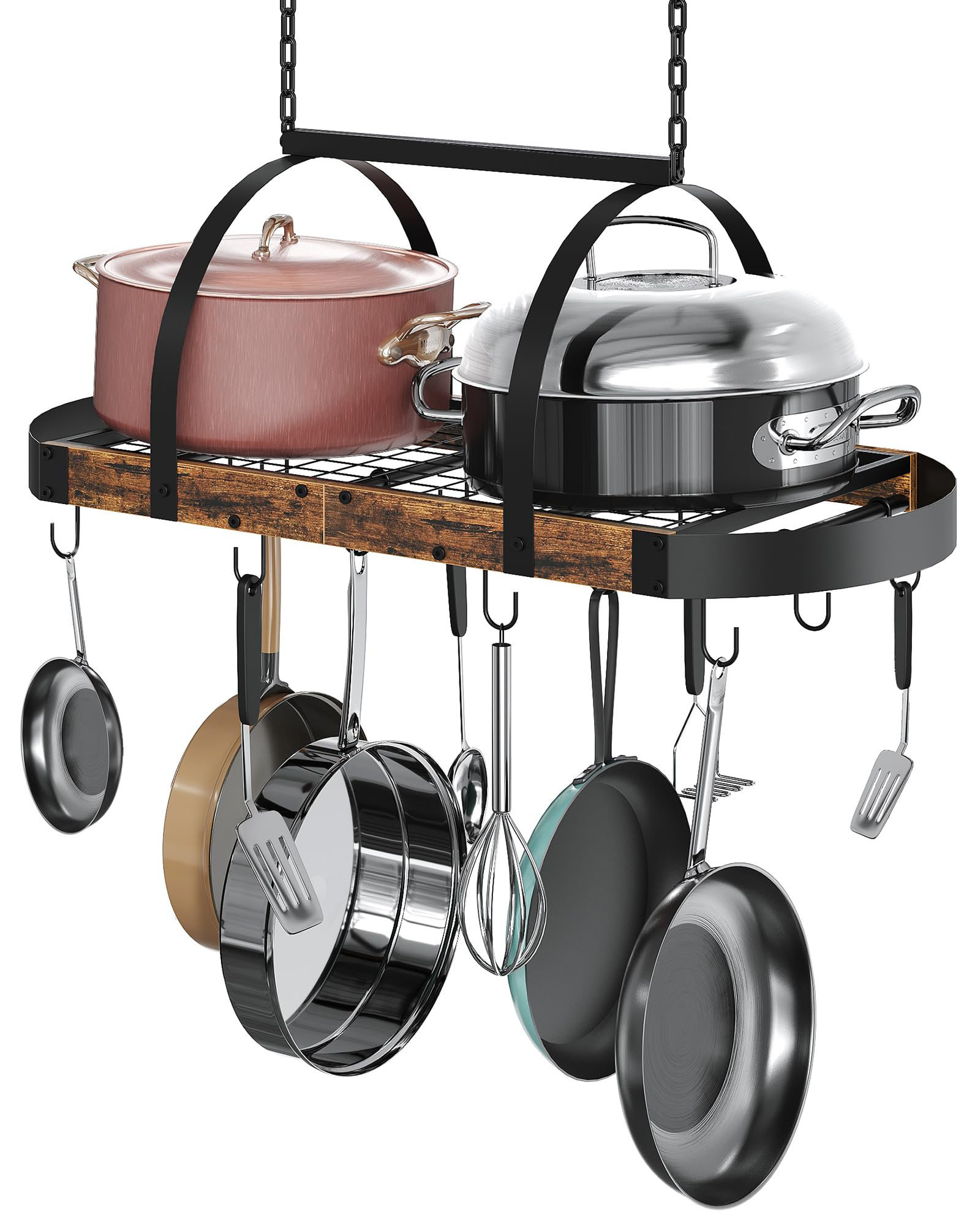 Prep & Savour Rustic Brown & Black Ceiling Mounted Pot Rack With 12 S ...