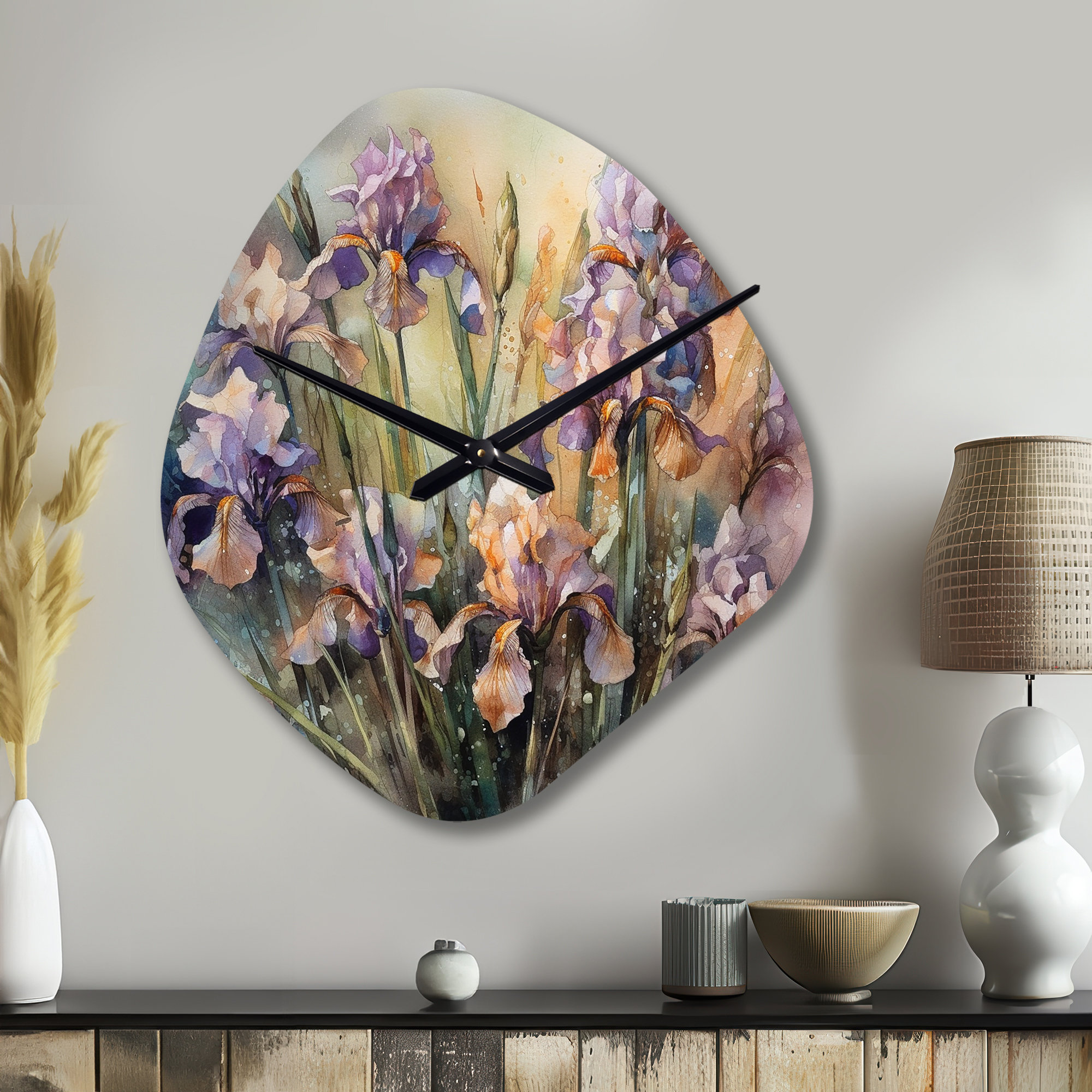 Design Art Purple Green Wild Iri S II - Irises Asymmetrical Metal Wall ...