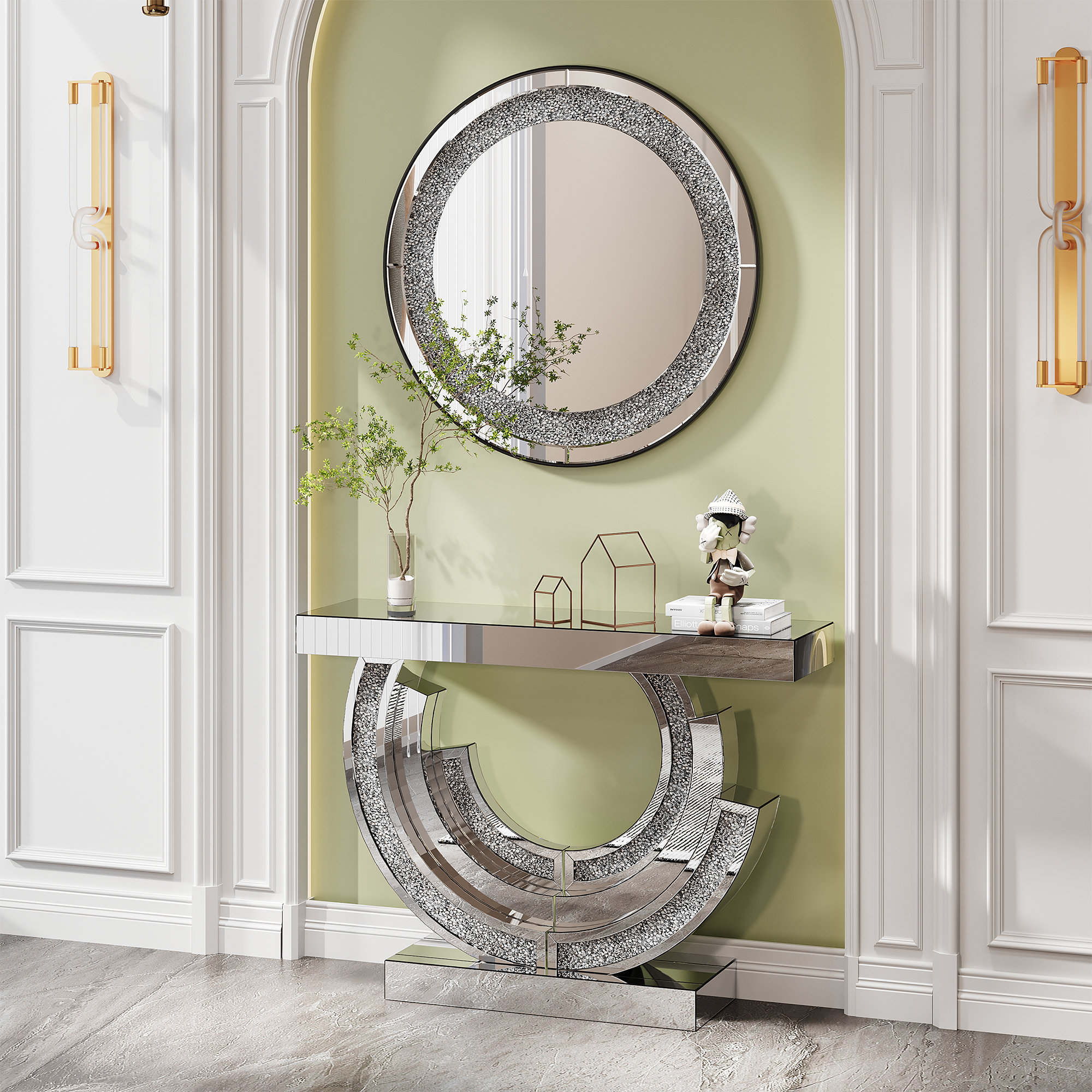 Mercer41 Silver Mirrored Console Table Mirror Set Of 2 - 43" Jeweled ...