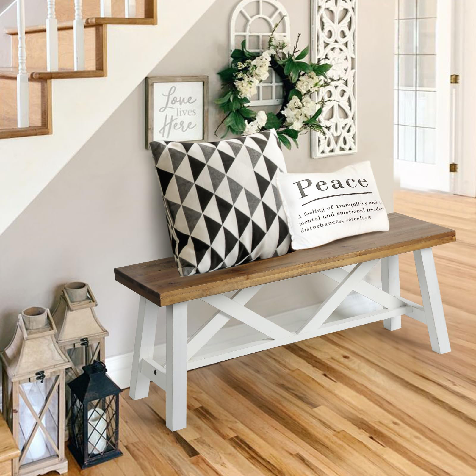 Ophelia & Co. 43" Farmhouse Wood Bench, Rustic Solid Wood Entryway ...