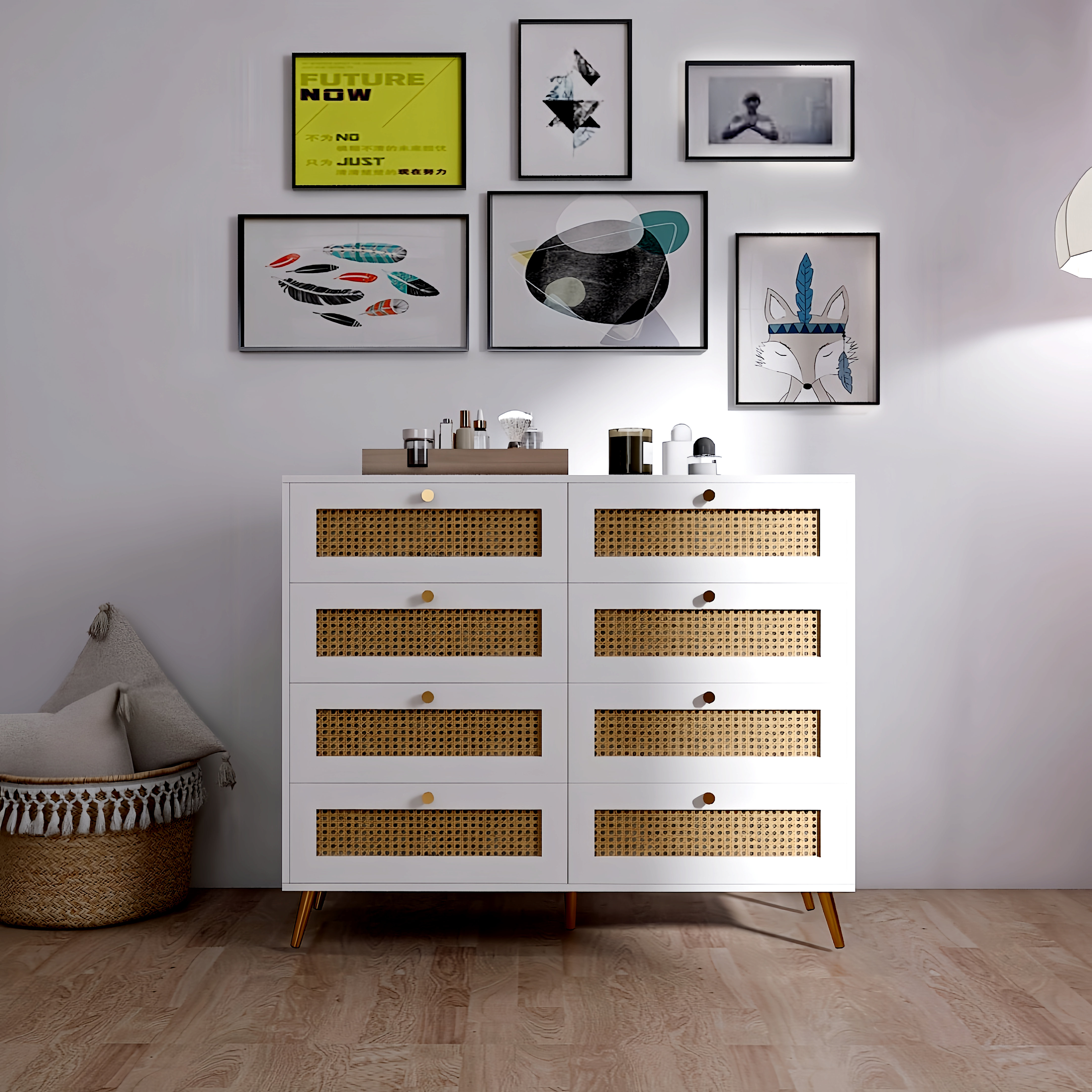 Bayou Breeze White Colour 8 Drawers Chest Of Drawers With Rattan Drawer ...