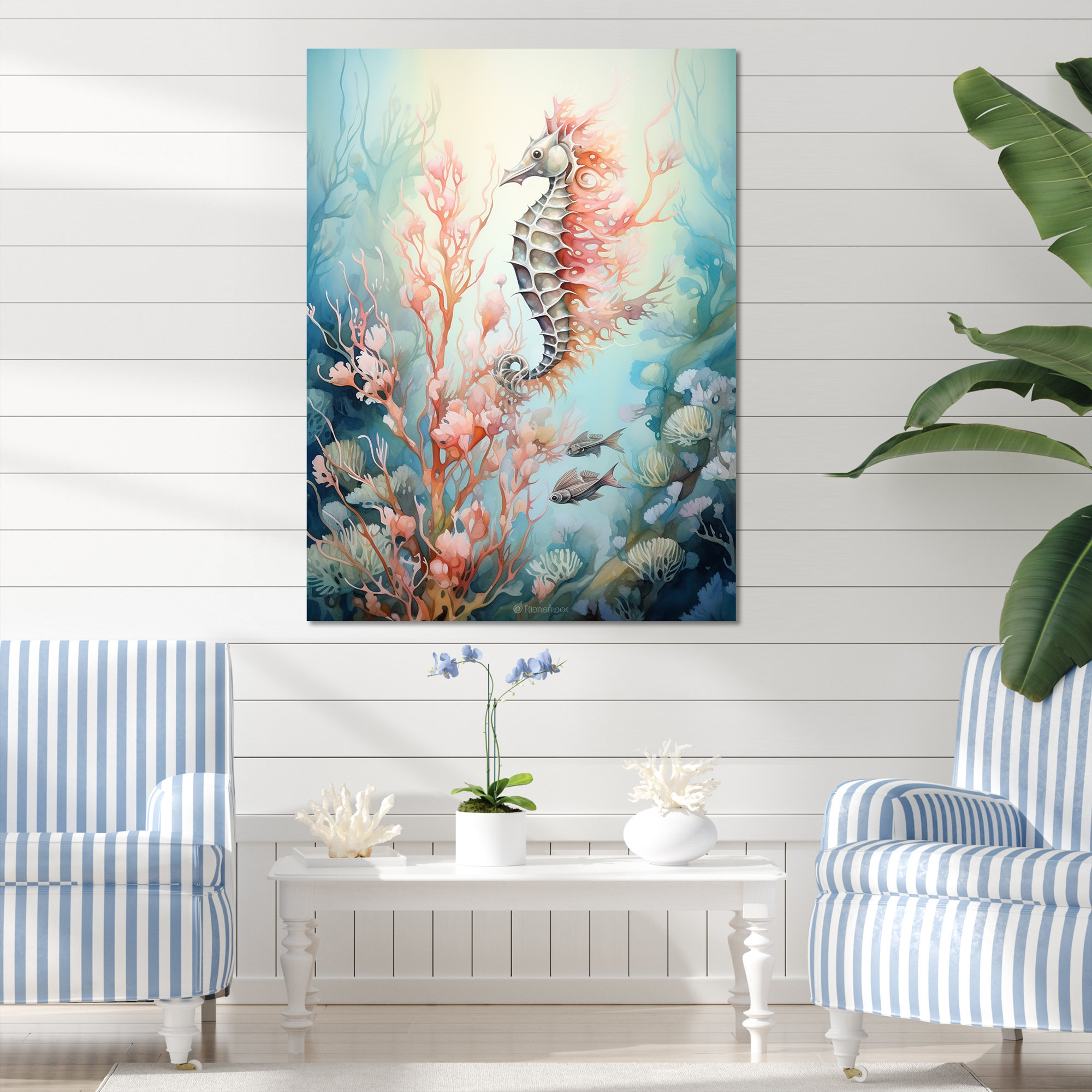 Design Art Watercolor Sea Dragons Dance I - Beach & Ocean Canvas Art ...
