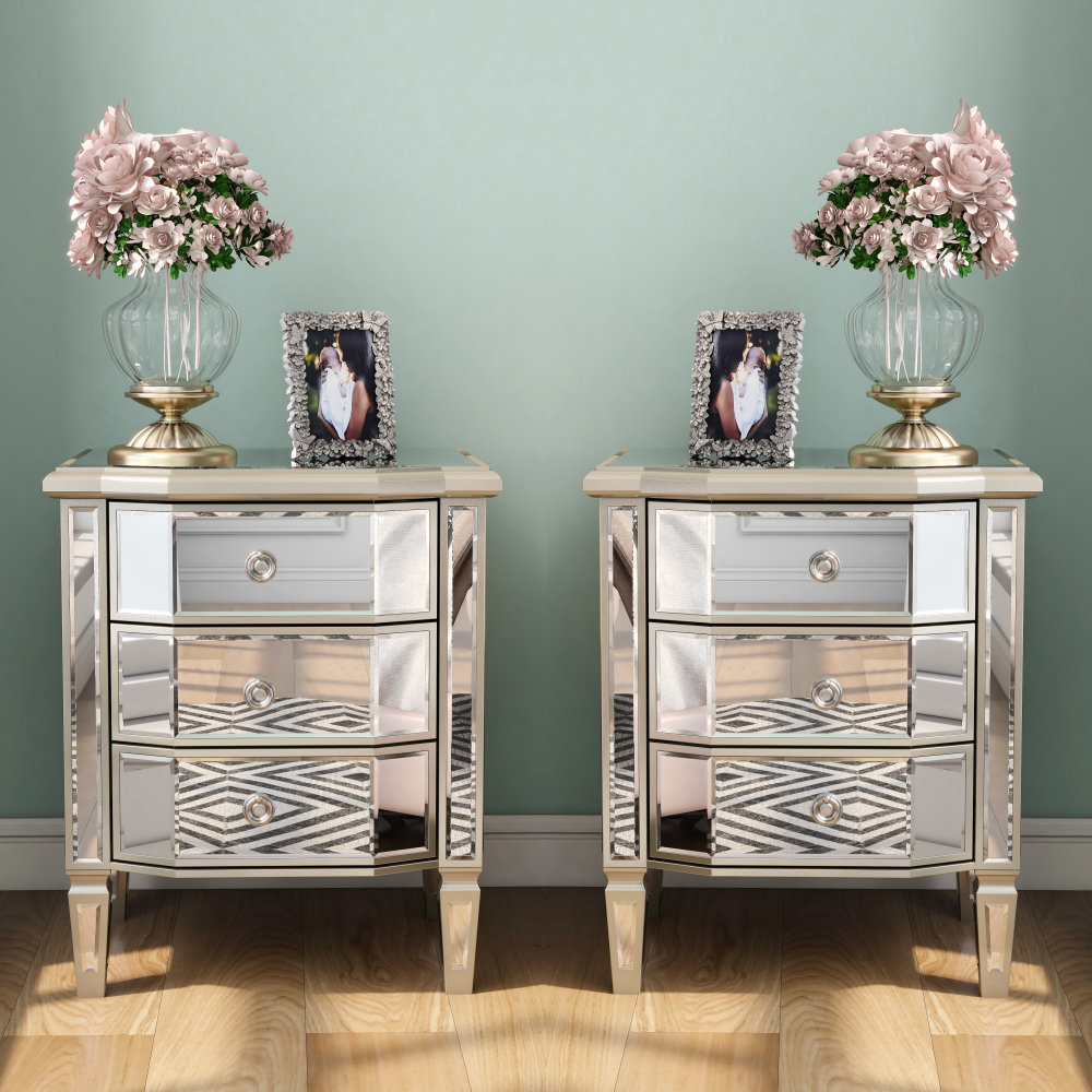 Mercer41 3 Drawers Vintage Mirrored Bedside Table Set of 2 | Wayfair.ie