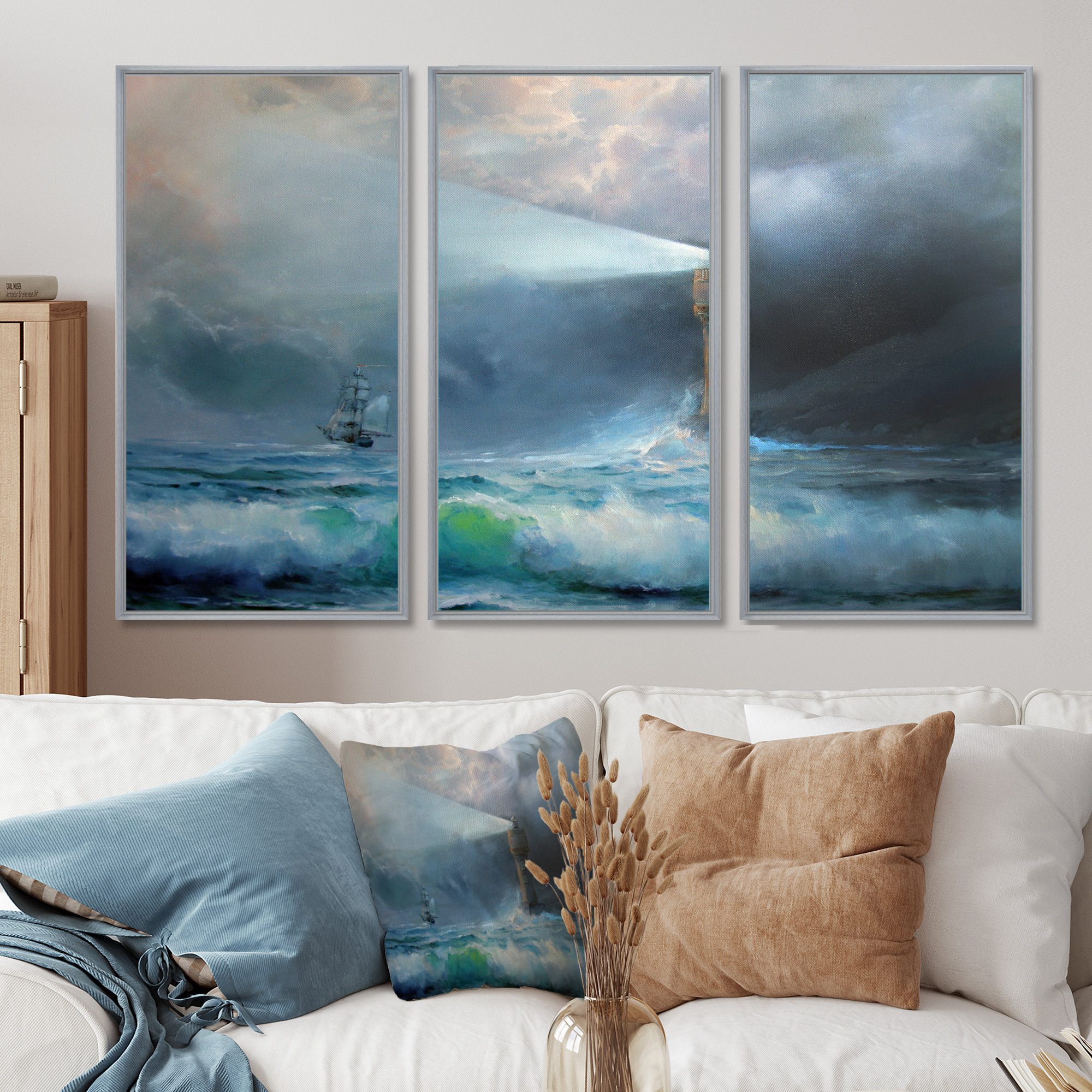 Breakwater Bay Lighthouse Shining Light During Stormy Night II - 3 ...