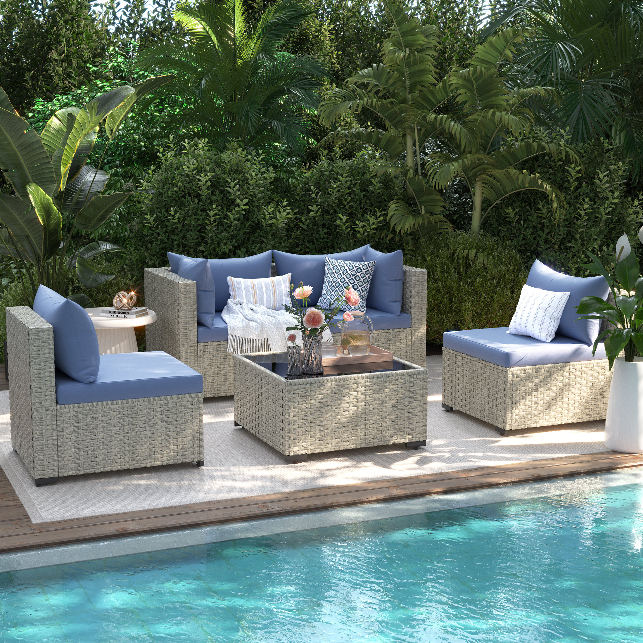 Ebern Designs 5 Pieces Rattan Patio Conversation Sets With Cushions ...
