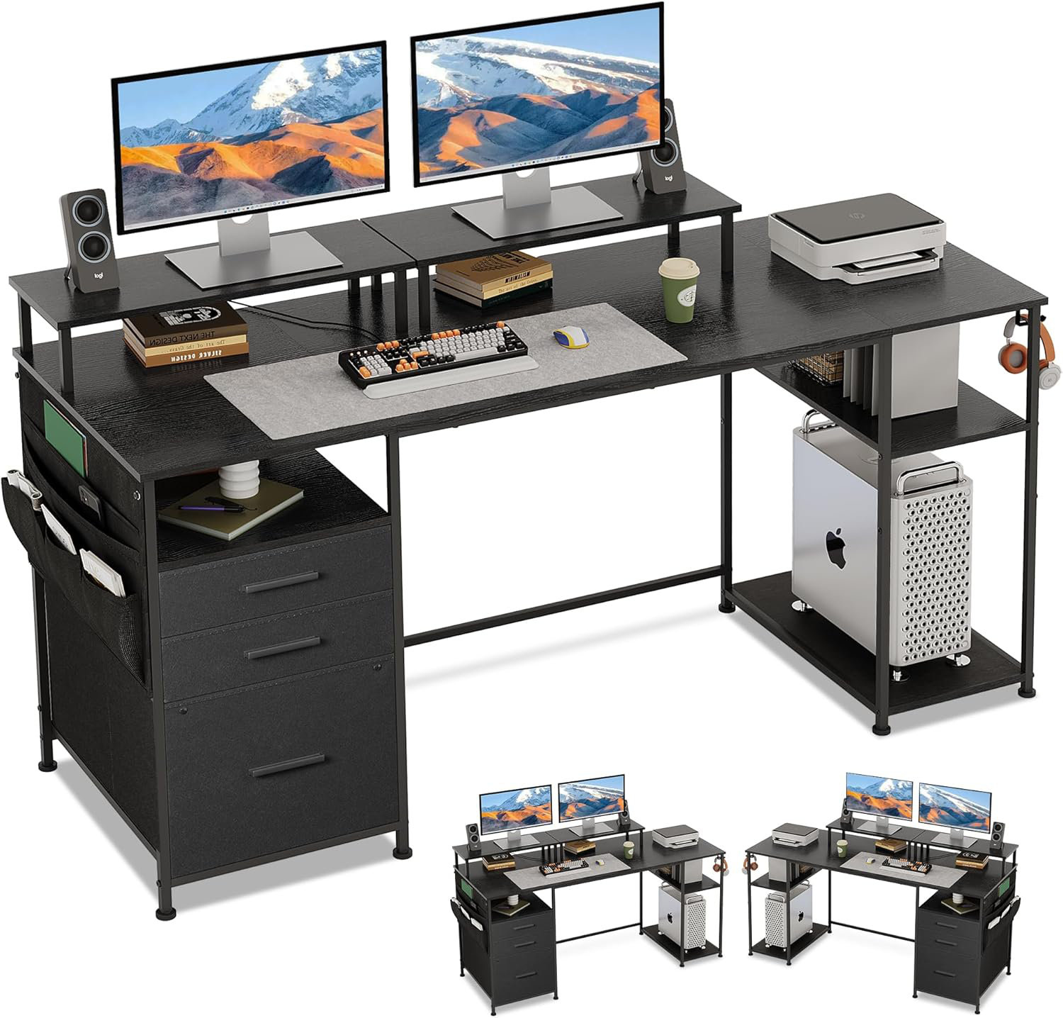 17 Stories Computer Desk With 3 File Cabinet Drawers, 57.8'' Reversible ...