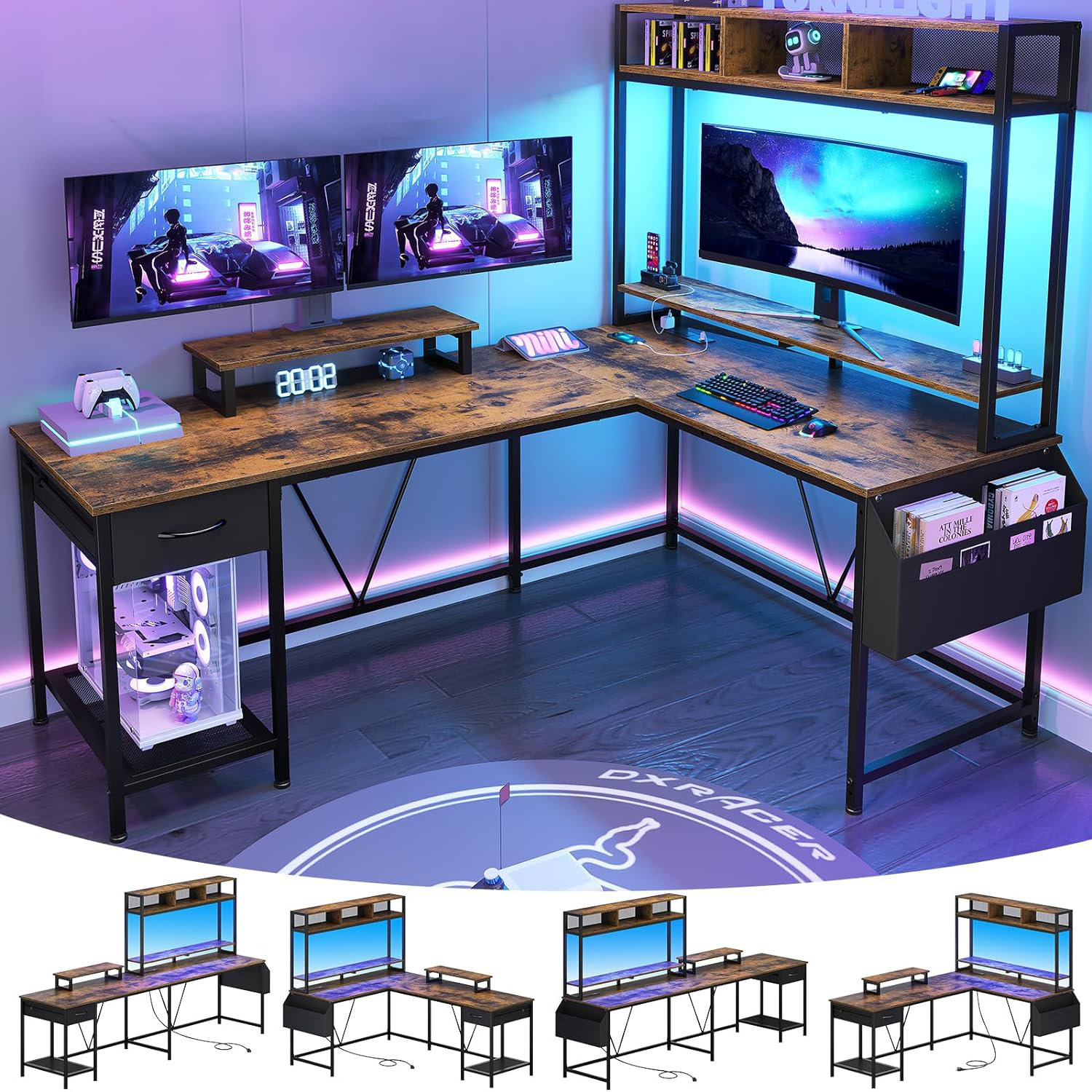 Inbox Zero L Shaped Gaming Desk With Shelves, Reversible Corner ...