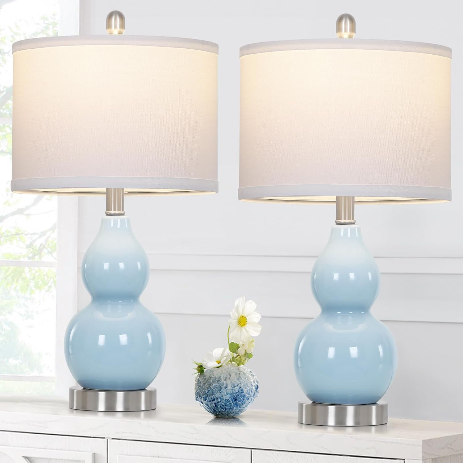 Mercer41 Double Gourd Ceramic Table Lamps Set Of 2, Modern Bedside ...
