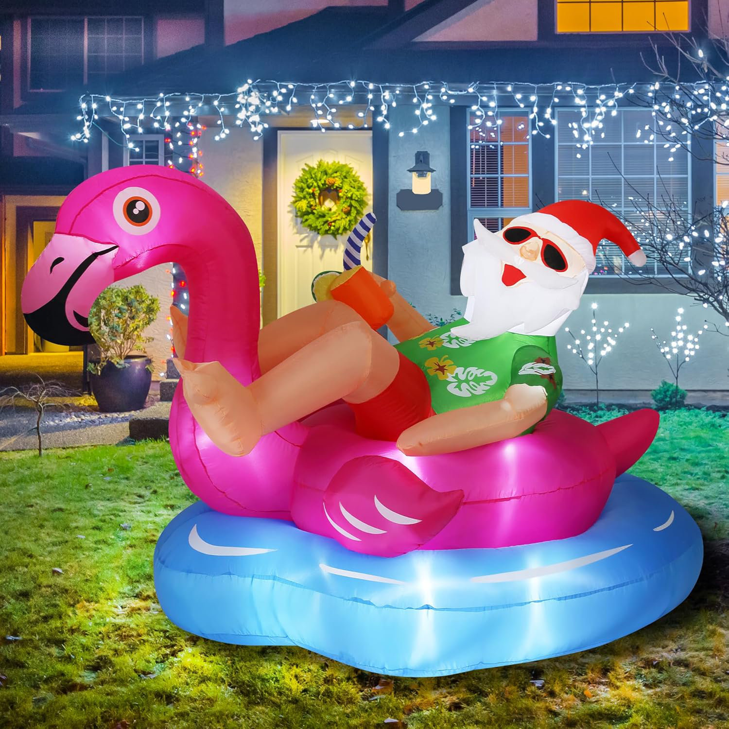 The Holiday Aisle® 8 FT Hawaiian Santa On Flamingo Pool Float Christmas ...