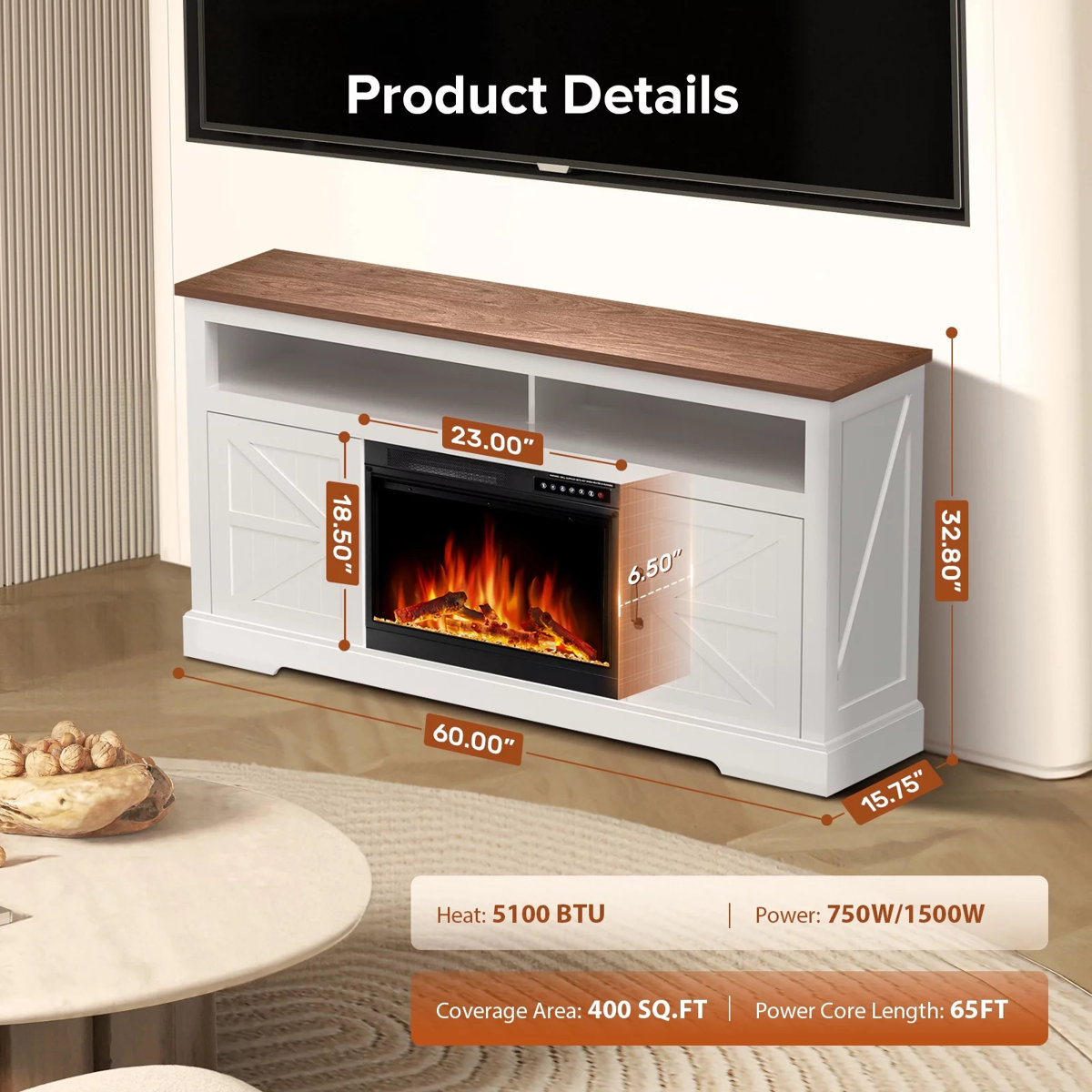 Symple Stuff Electric Fireplace, 60"Heater Wooden Surround Firebox ...