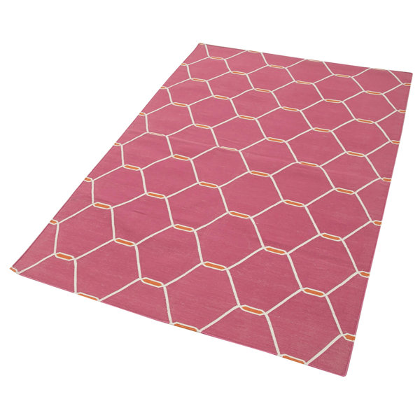 Ebern Designs Geometric Duri Pink Geometric Wool Handmade Area Rug ...