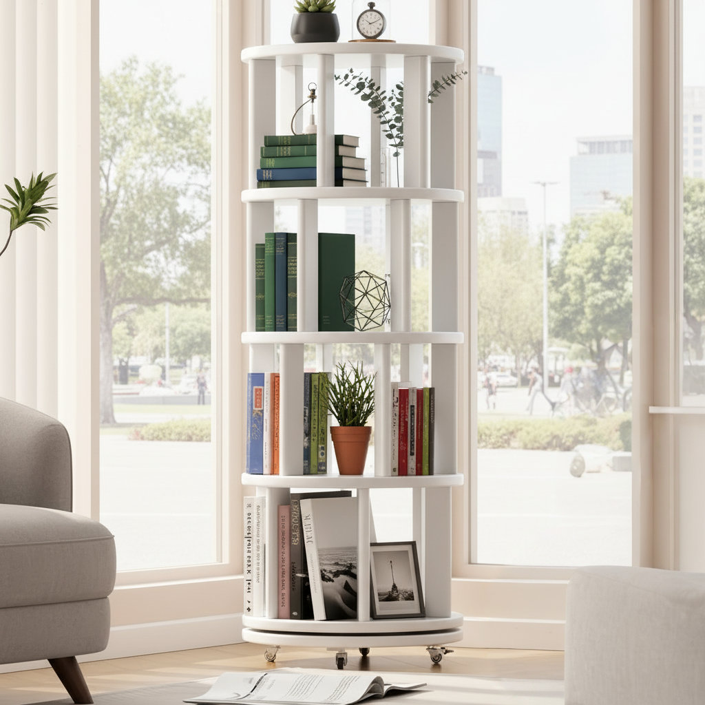 Latitude Run® Four-Tier Solid Wood Round Rotating Bookcase With Wheels ...