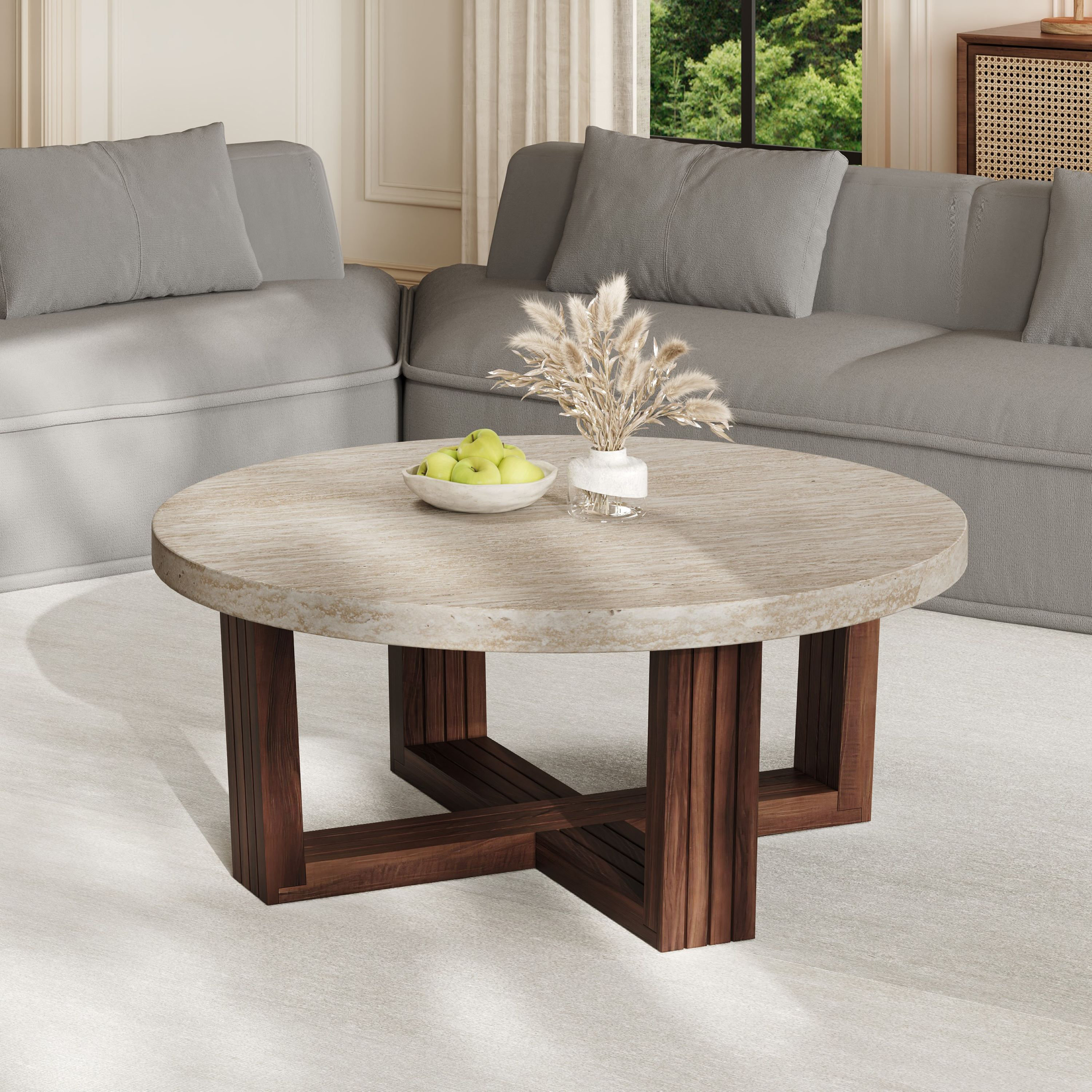Latitude Run® Modern Round Coffee Table, 31.5 Inch, Faux Marble Top ...