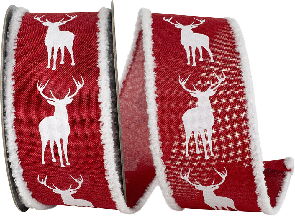 The Holiday Aisle® 2-1/2 inch Deer Linen Frizette Wired Edge Ribbon ...
