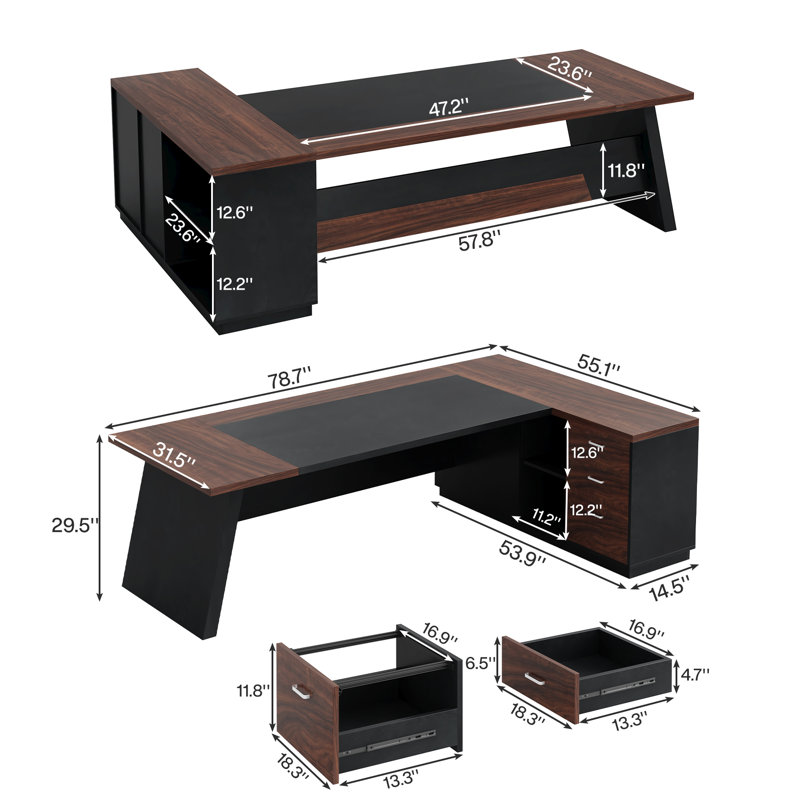 Latitude Run® L-Shaped Executive Office Desk with Drawers and File ...