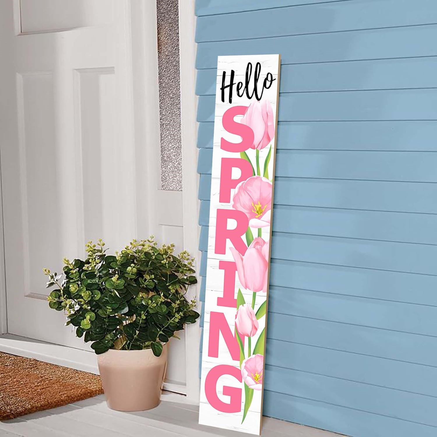 August Grove Hello Spring Porch Sign Tulip Wooden Welcome Sign Vertical ...