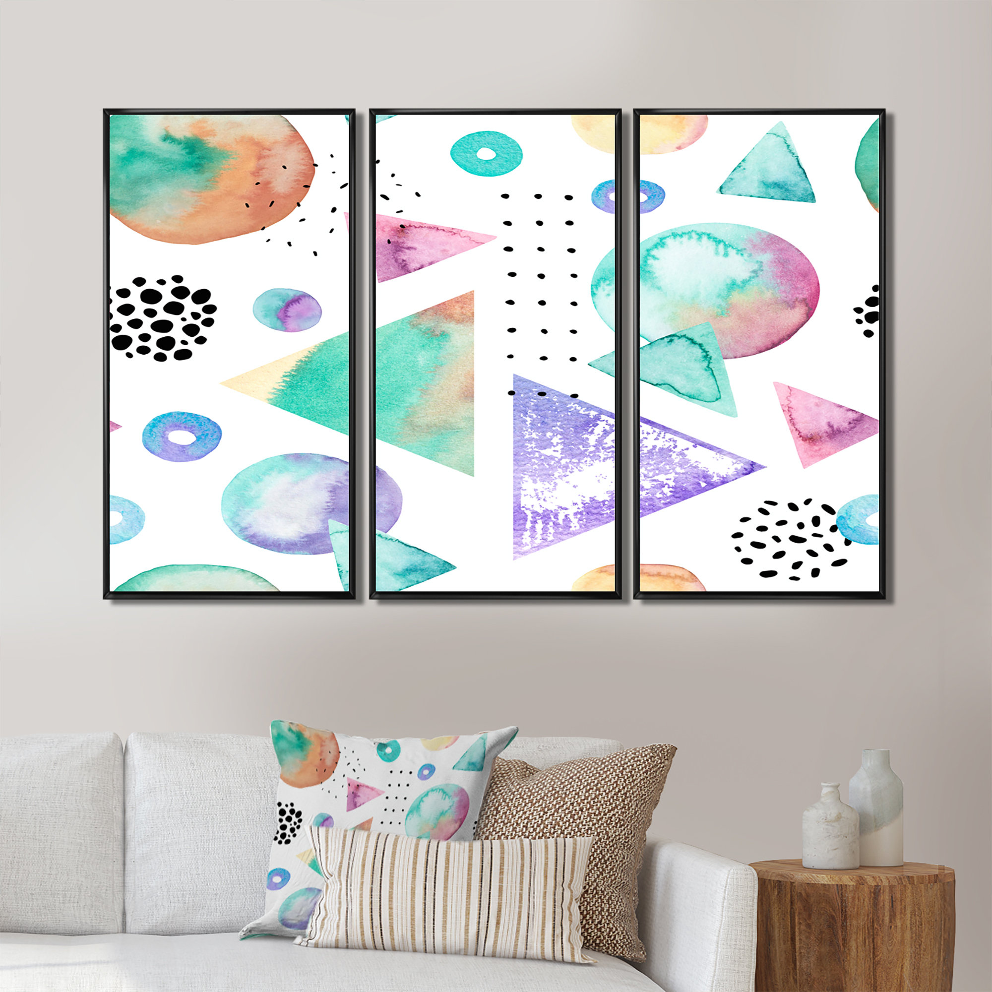 Latitude Run® Retro Triangles, Circles, Polka Dots On White I ...