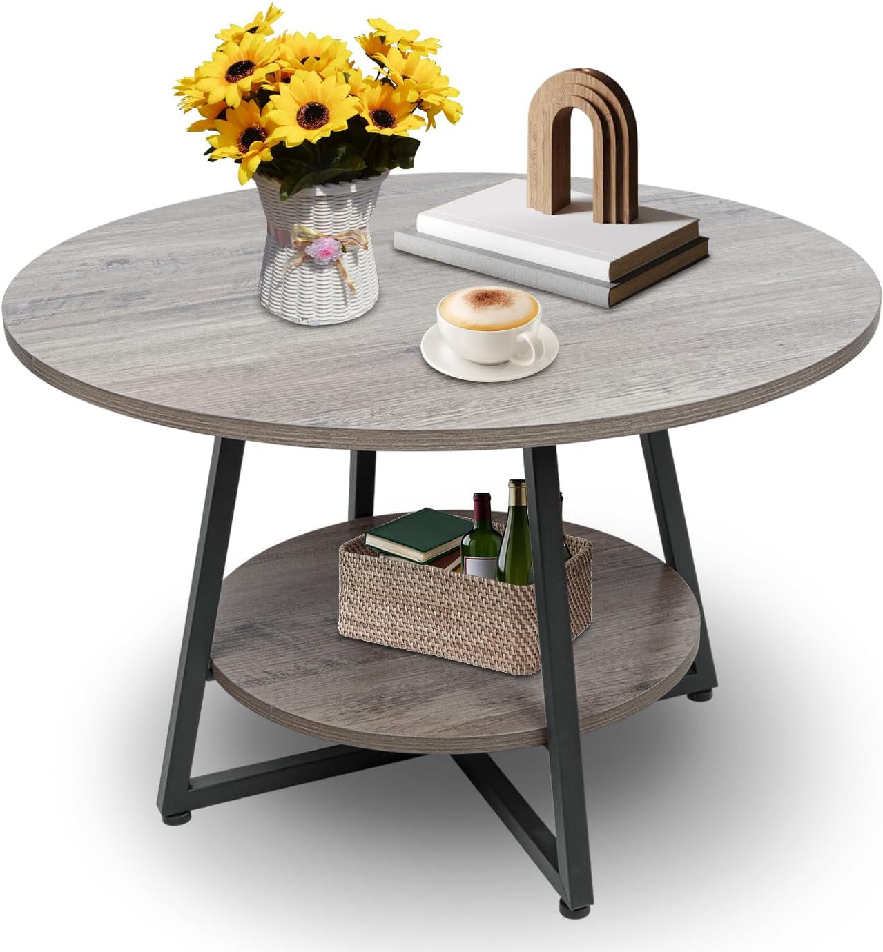 17 Stories Round Coffee Table, Rustic 2-Tier Circle Coffee Table With ...