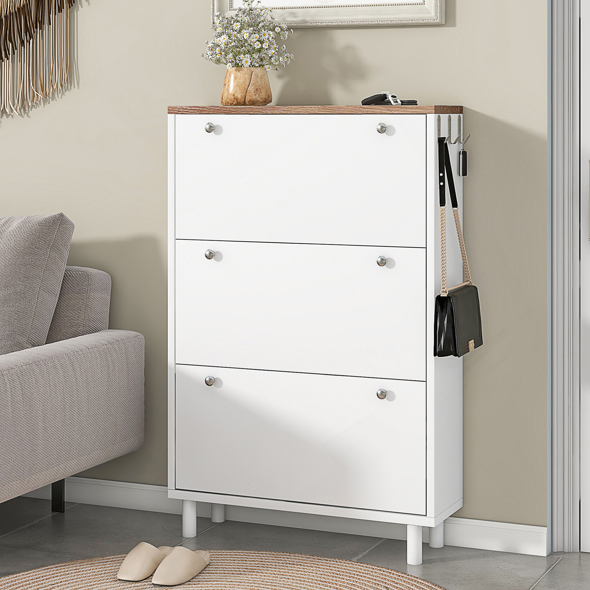 Latitude Run® Narrow Design Shoe Cabinet With 3 Flip Drawers, Wood ...
