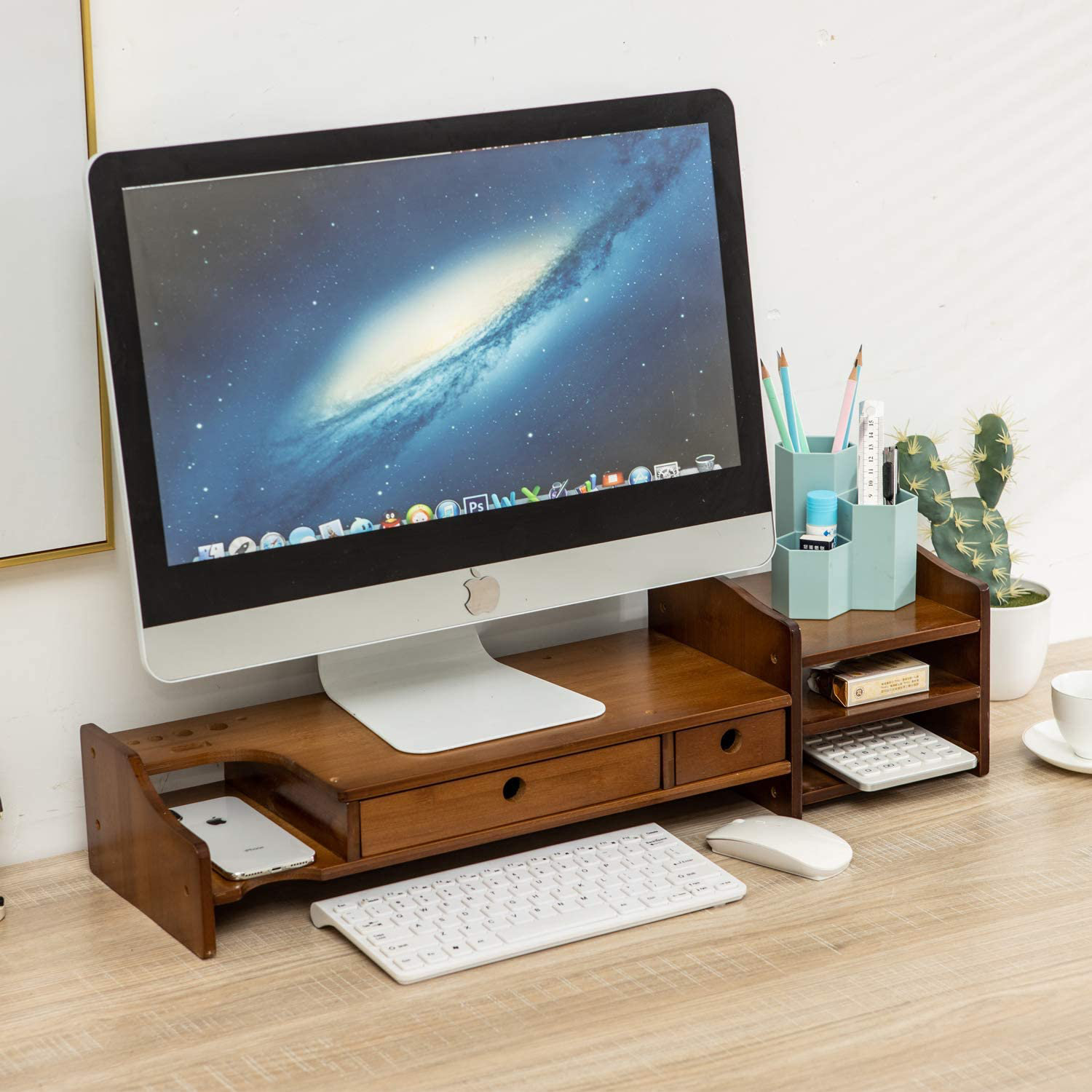Maydear Bamboo Monitor Stand Desk Organizer With 4 Storage Drawers ...
