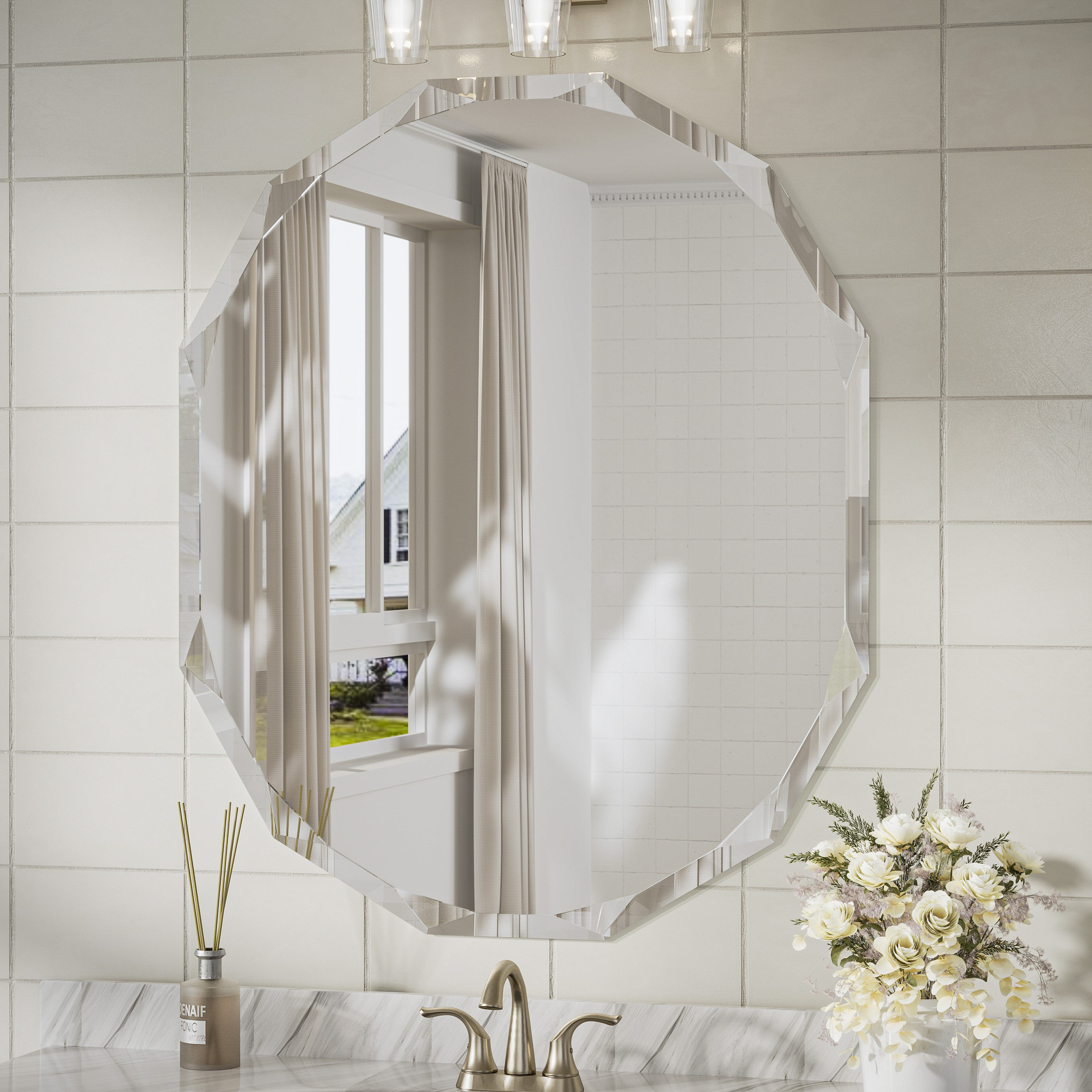 Mercer41 Pearlette Oval Beveled Frameless Bathroom Vanity Mirror ...