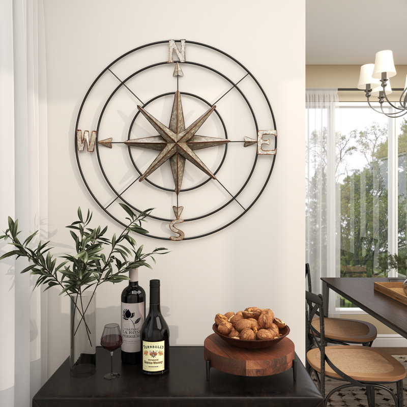 Breakwater Bay Metal Indoor Outdoor Compass Home Gray Wall Decor with ...