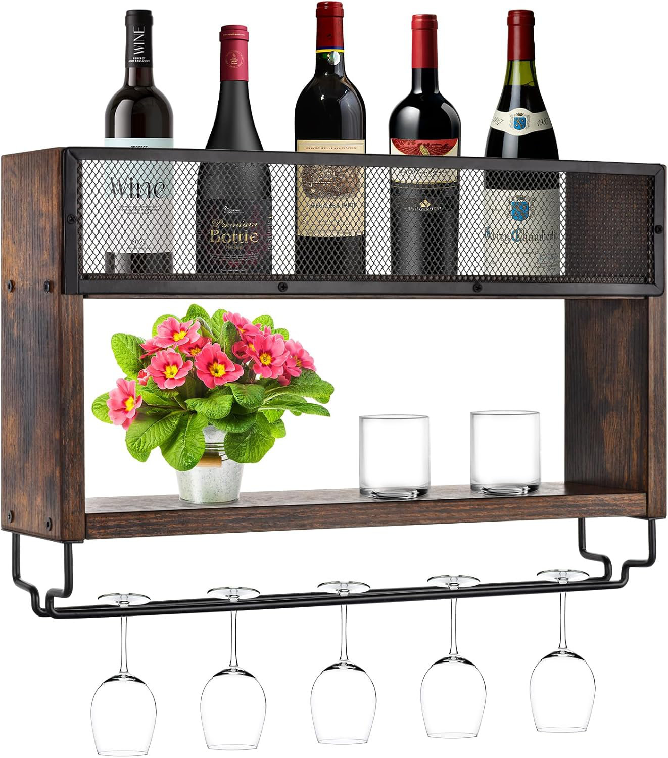 17 Stories Wood Wine Racks For Wall,Wall Wine Rack With Glass Holder ...