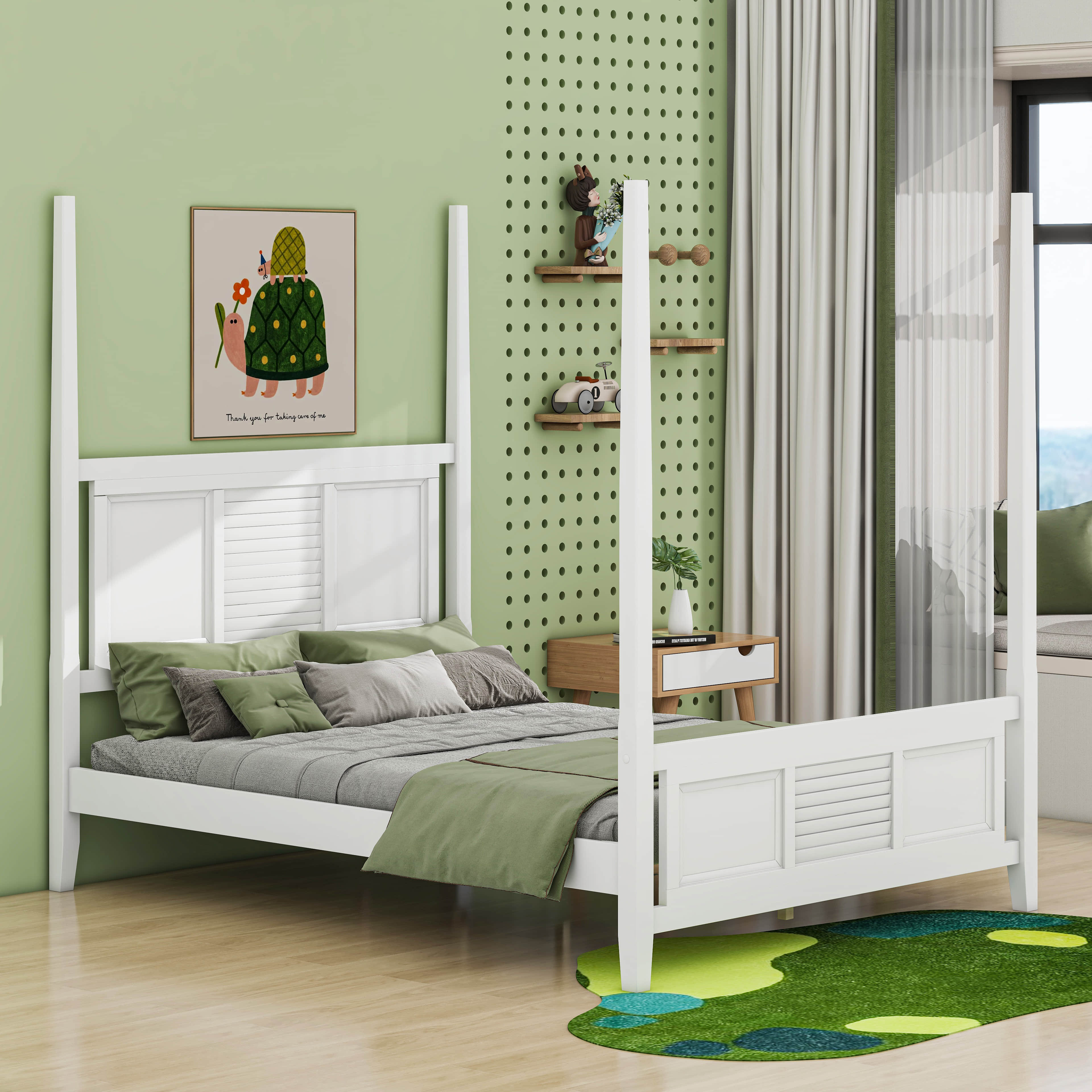 Lark Manor Traditional Queen Size Four Poster Bed With Horizontal ...