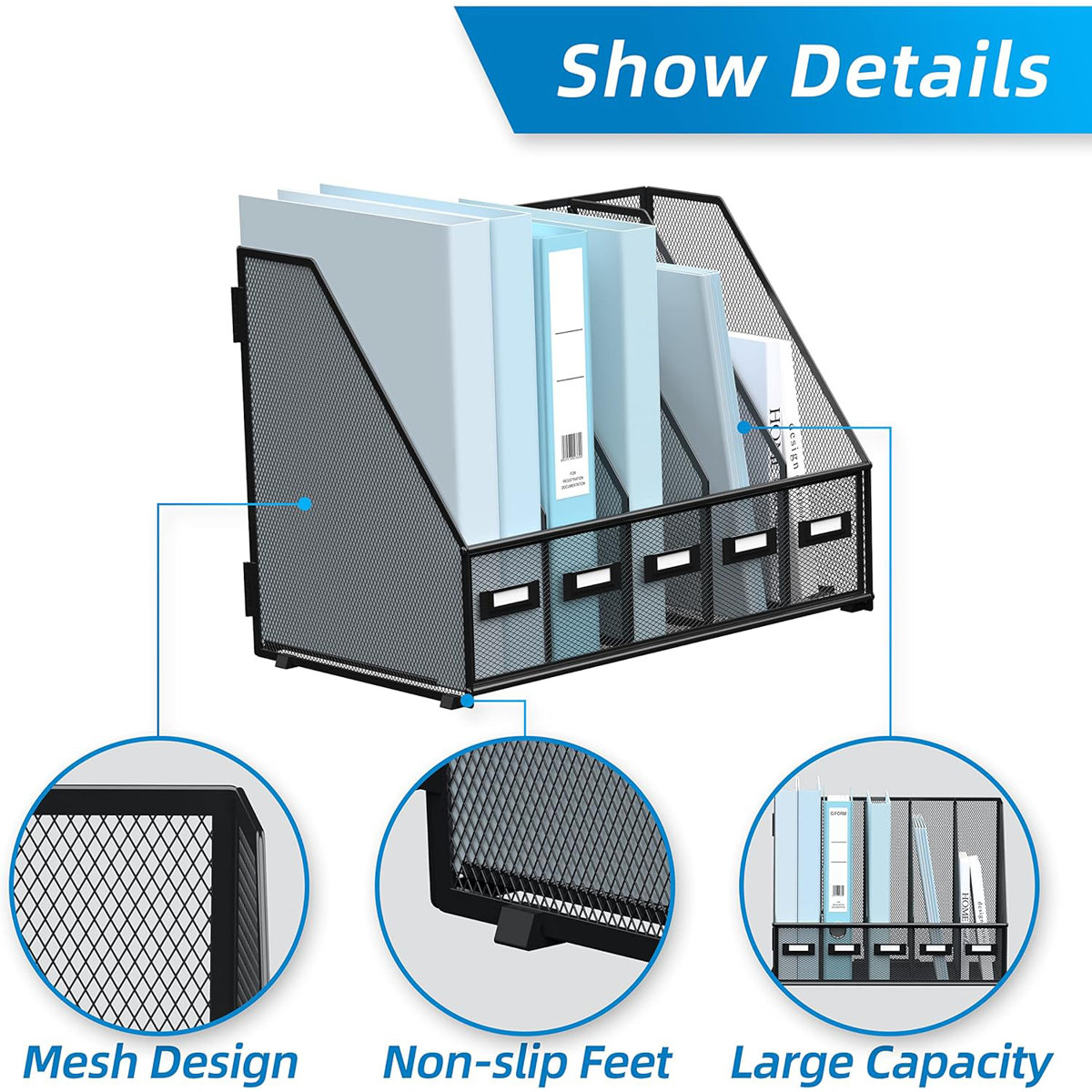 Ebern Designs 5-Vertical-Compartment Metal Desk Magazine File Holder ...