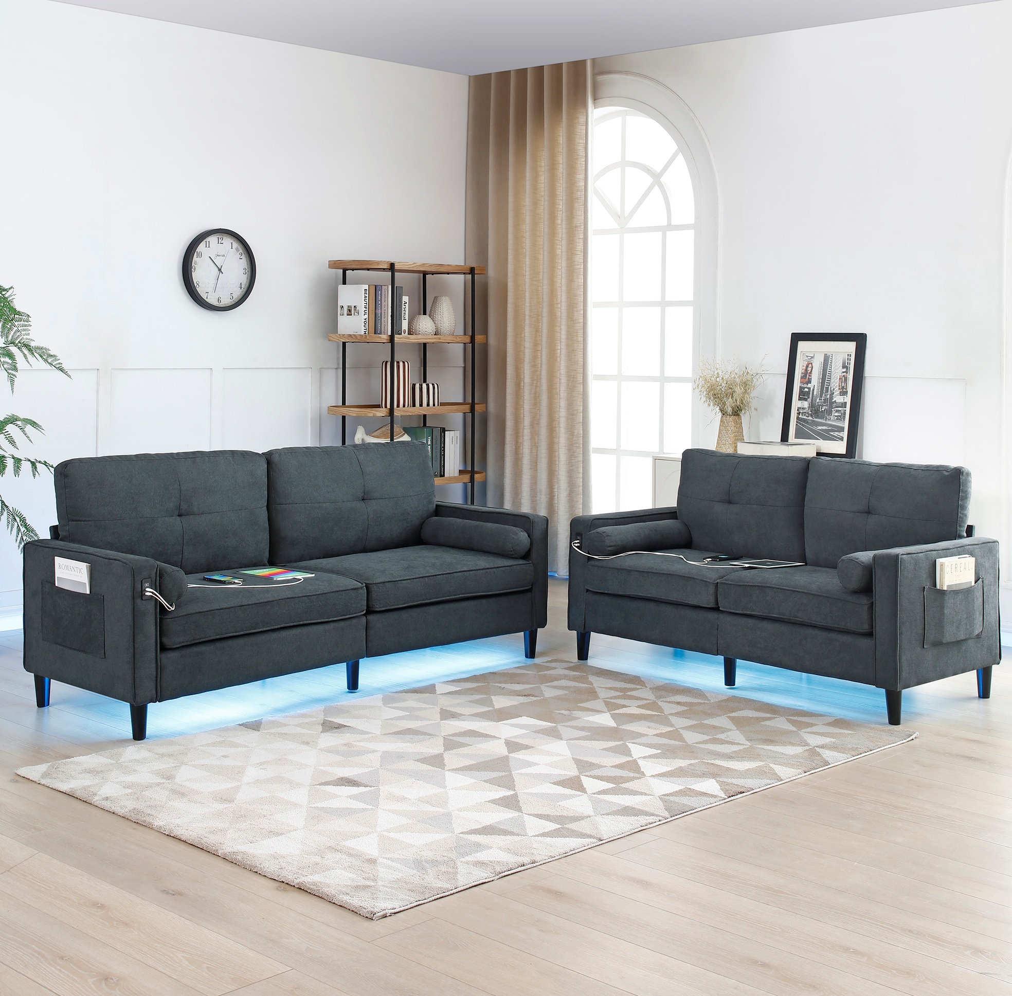 Latitude Run® 2 pieces of modern sofa with 2 side pockets,2 USB ports ...