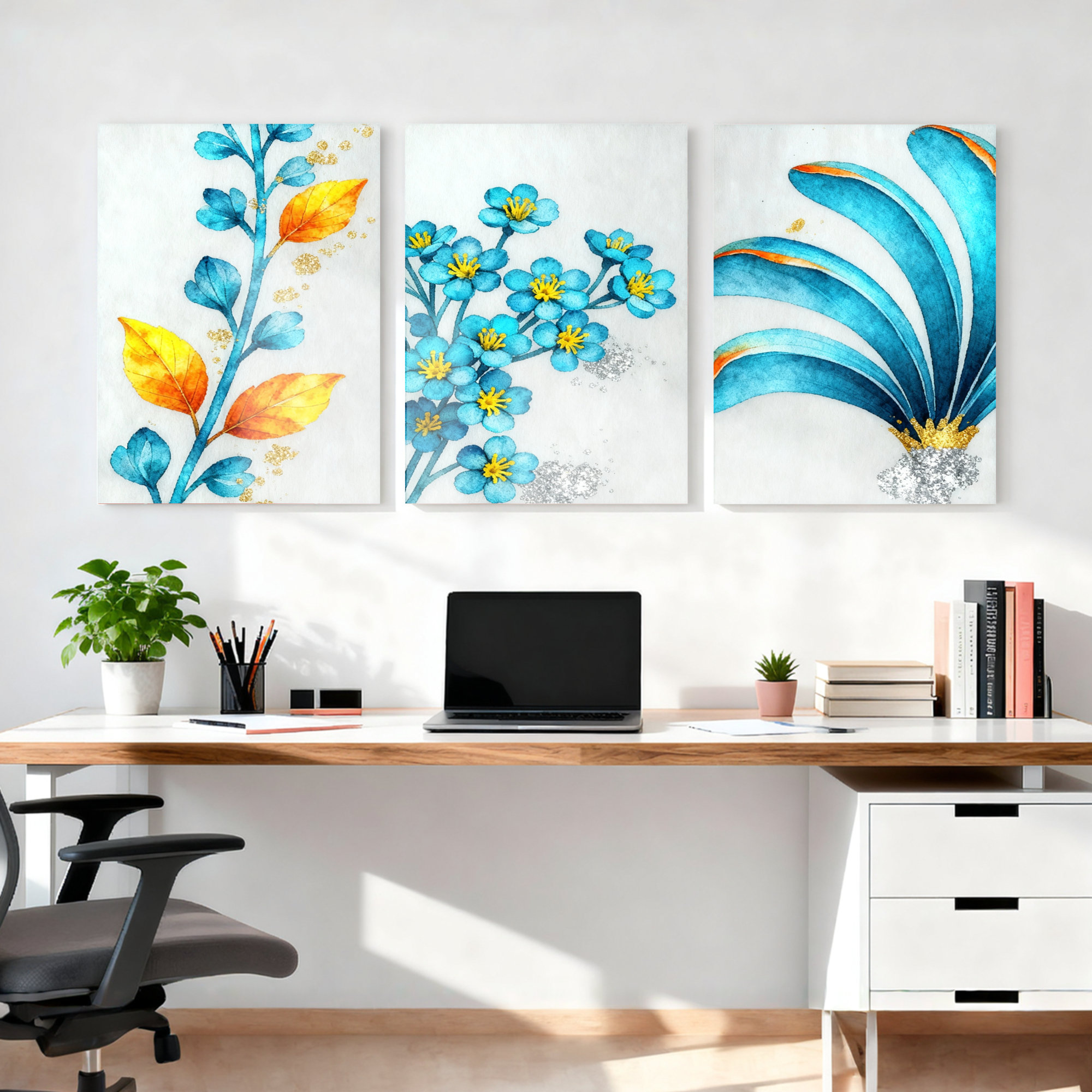 Mercer41 Blue Floral and Abstract Fan Canvas Wrapped Wall Art, Oil ...