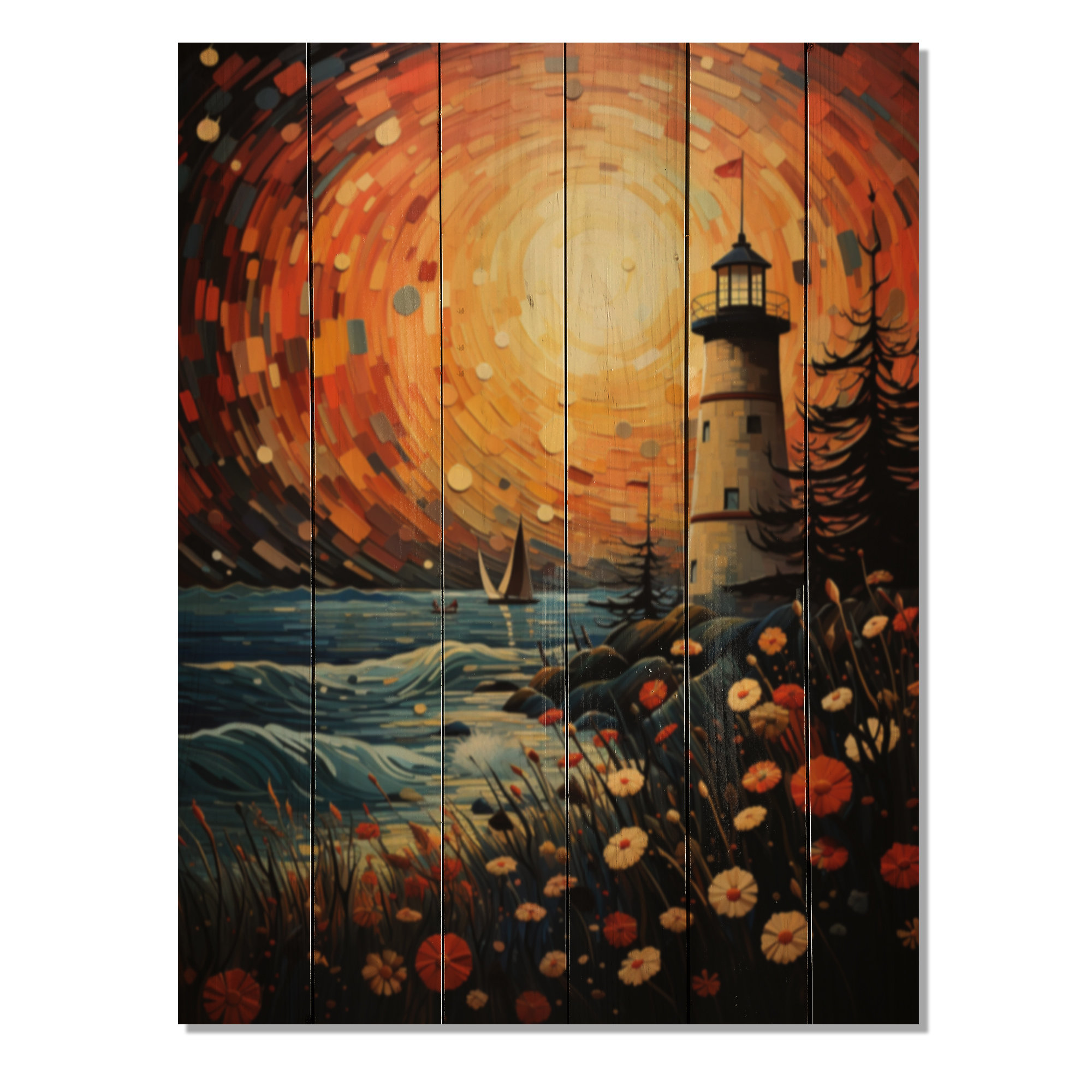 Longshore Tides Lighthouse Guiding Pointillism III On Wood Print ...