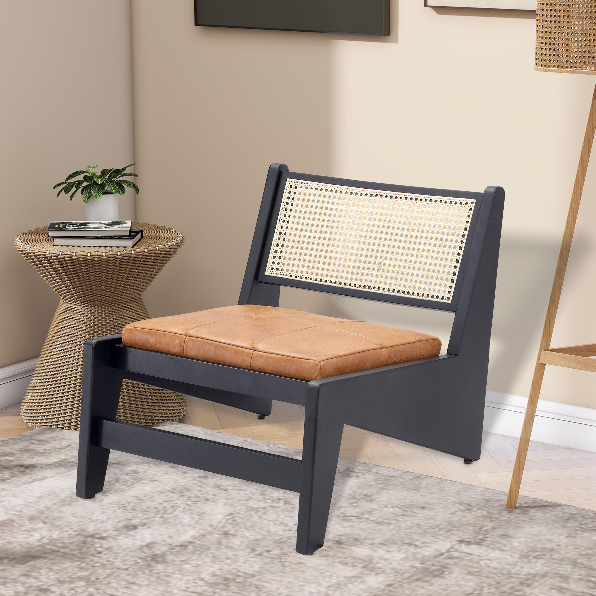Bay Isle Home Analese 24'' Wide Solid Wood Rattan Genuine Leather Side ...